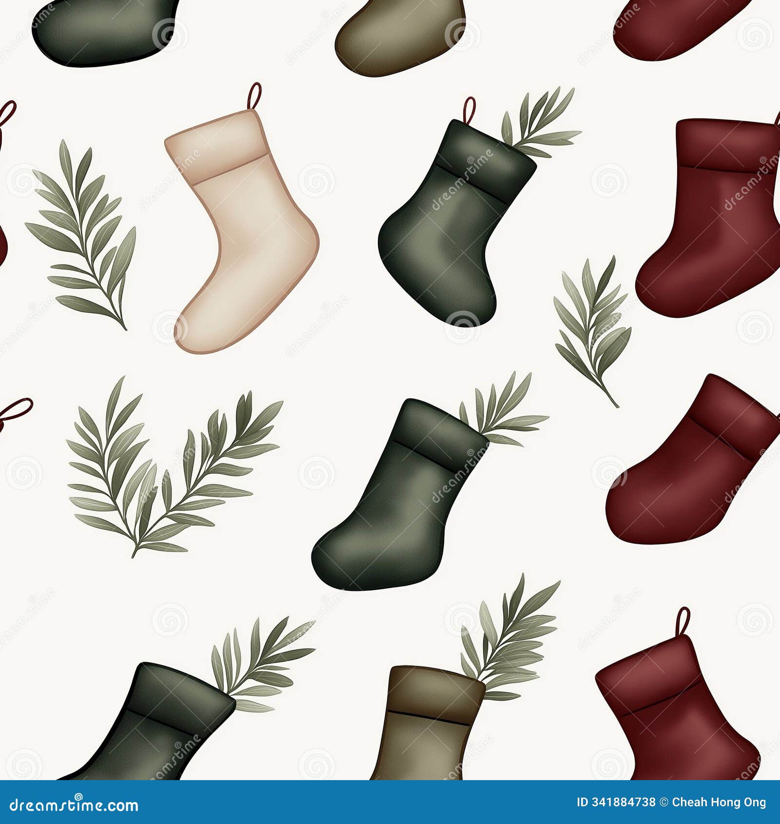 Christmas Stocking Pattern with Greenery Stock Illustration ...