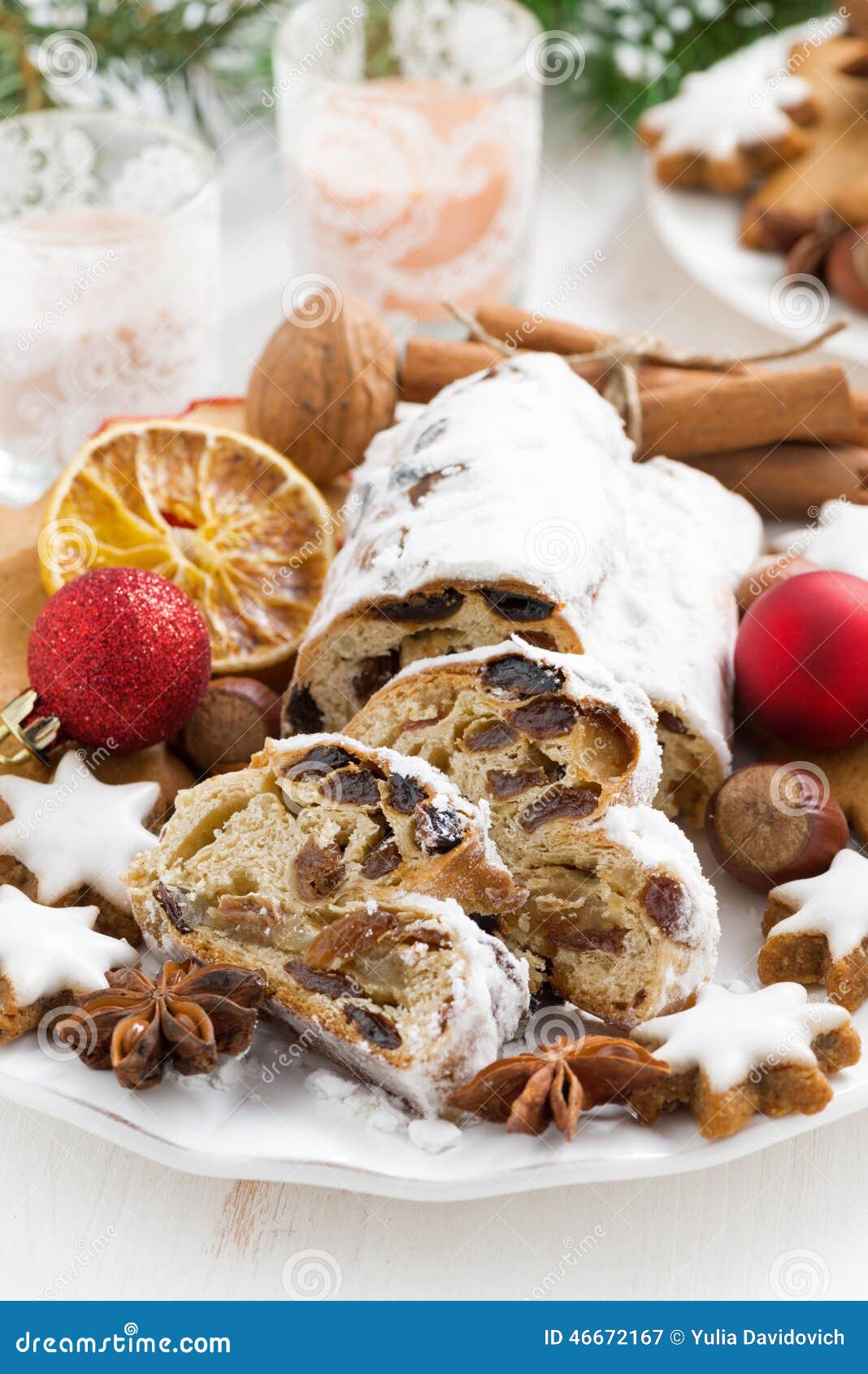 Christmas Stollen with Dried Fruit, Cookies and Spices on Plate Stock ...