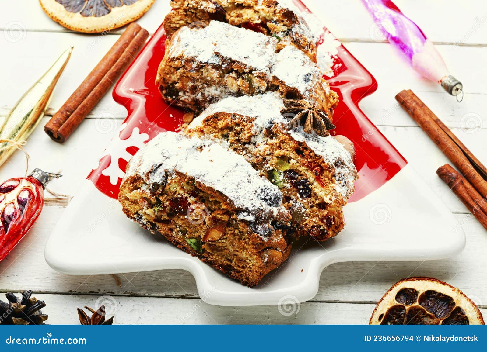 Christmas Stollen and Tree Decorations Stock Photo - Image of seasonal ...