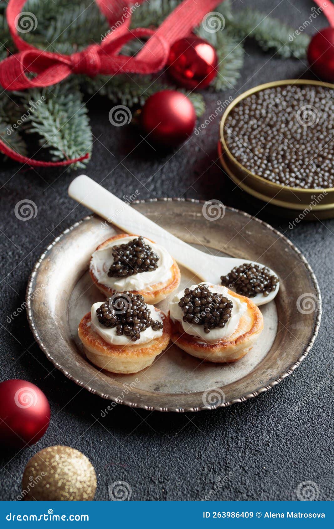 Christmas Table with Black Caviar Appetizers Stock Image - Image of ...