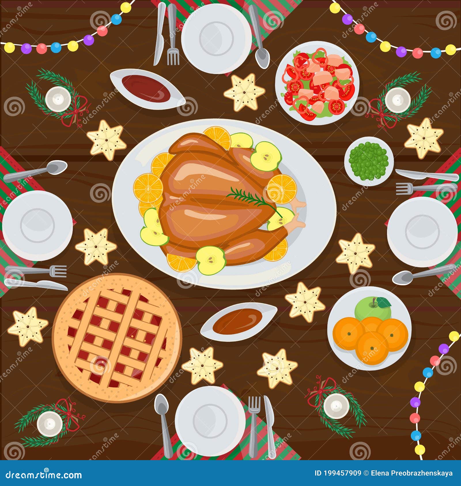 Christmas Table, Food and Decor. Christmas Cake and Roast Goose. Vector ...