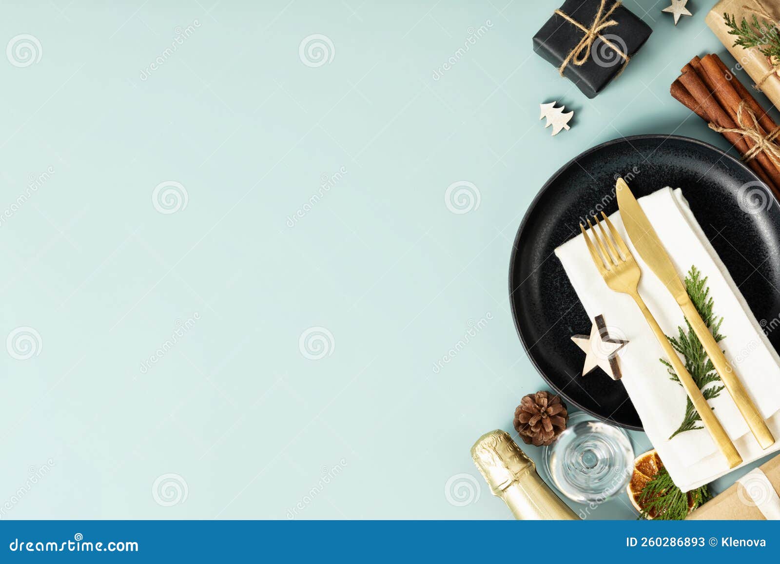 Christmas Table Place Setting on Blue Background Flat Lay Copy Space ... Christmas Table Place Setting on Blue Background Flat Lay Copy Space ...