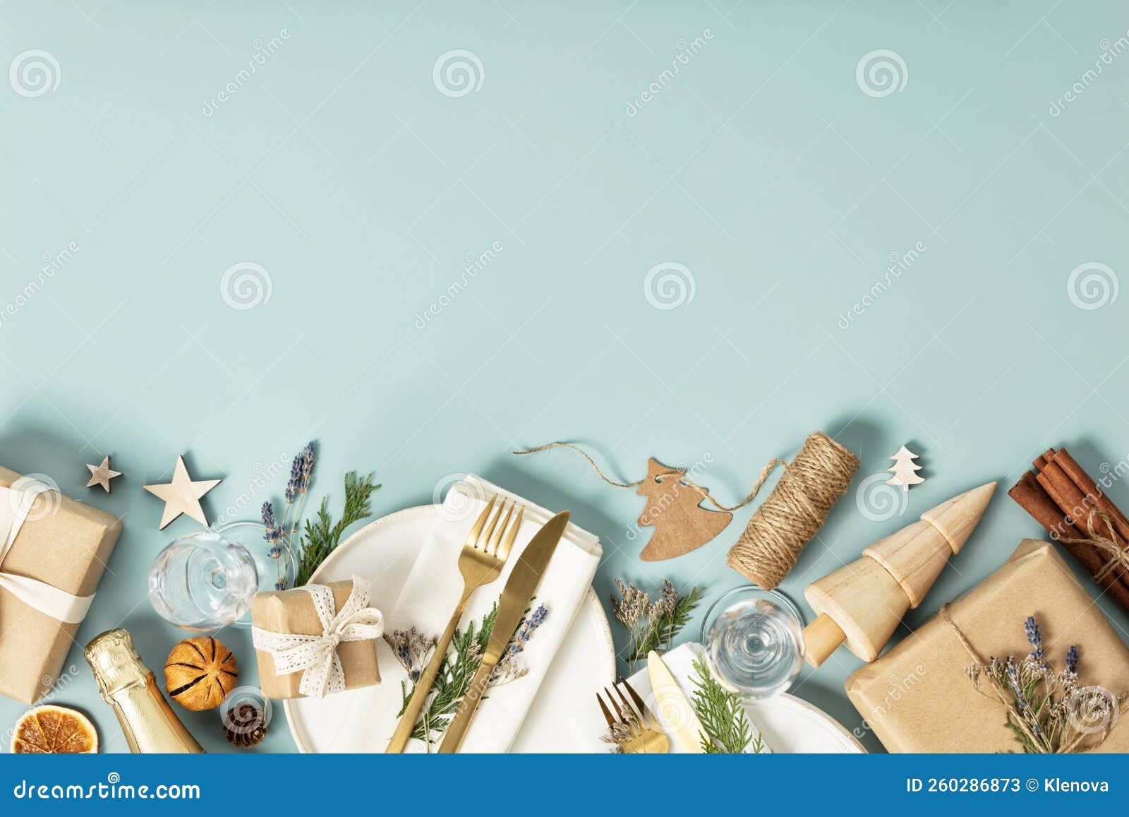 Christmas Table Place Setting on Blue Background Flat Lay Copy Space ...