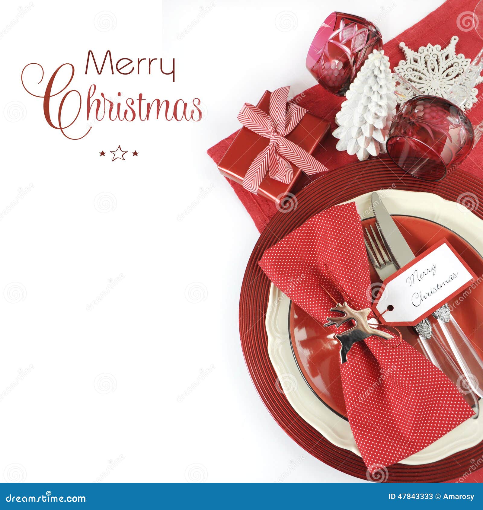 Christmas Table Place Settings in Red and White Theme Stock Image ...