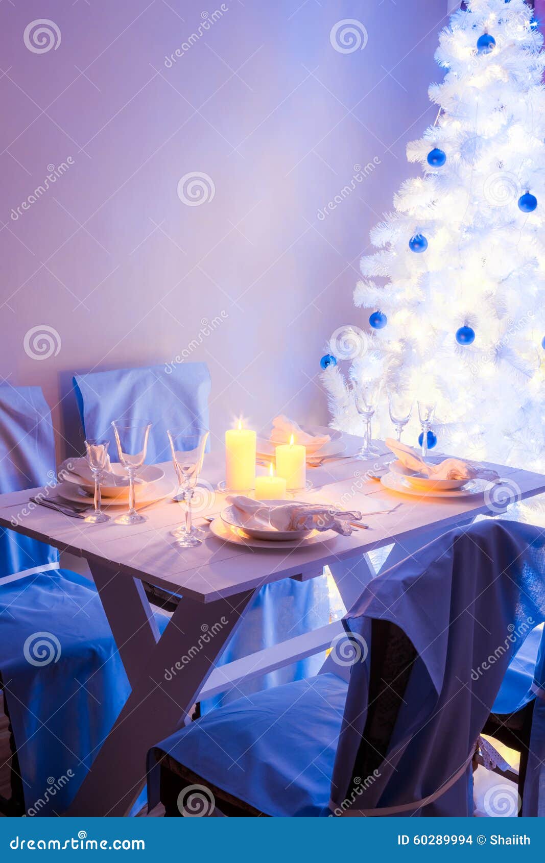 Christmas Table Setting with Blue and White Decoration Stock Photo ...