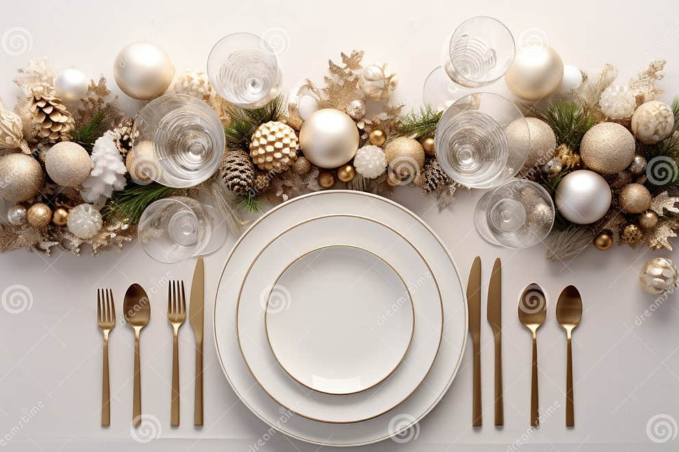 Christmas Table Setting with Dishware, Silverware and Decorations on ...