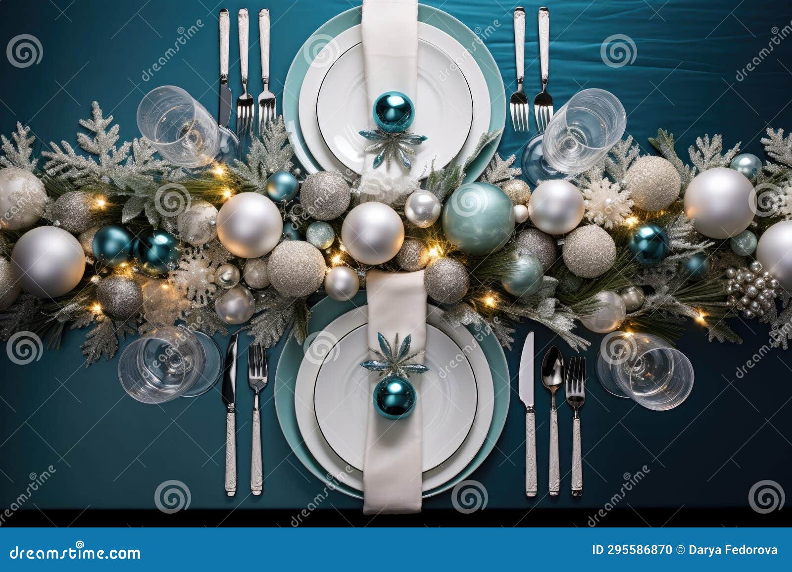 Christmas Table Setting with Dishware, Silverware and Decorations on ...