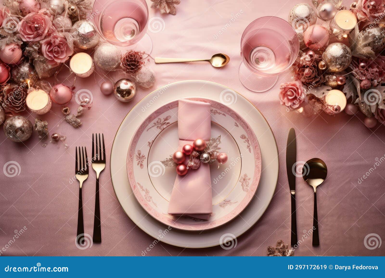 Christmas Table Setting with Dishware, Silverware and Decorations on ...