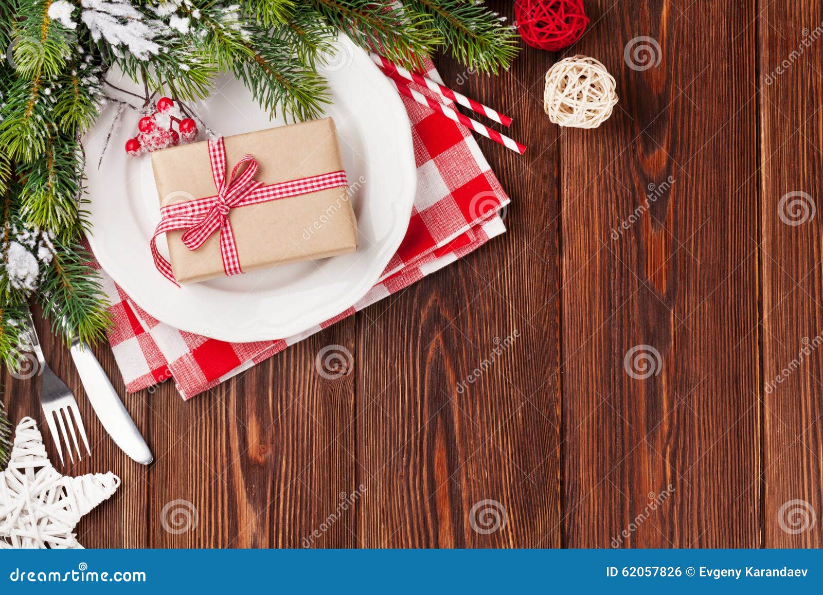 Christmas Table Setting with Gift Box and Fir Tree Stock Photo - Image ...