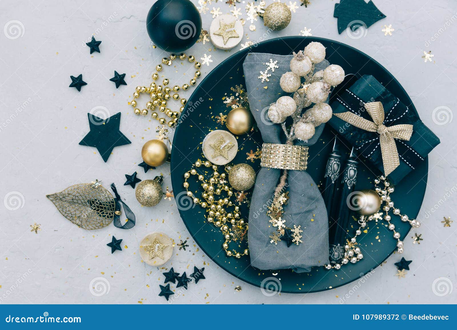 Christmas Table Setting with Gift. Top View Stock Photo - Image of ...