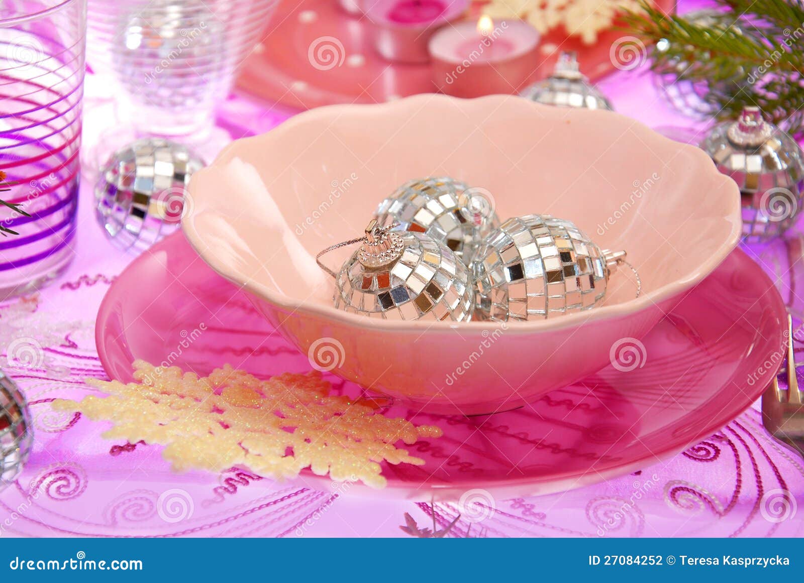 Christmas Table Setting in Pink Stock Photo - Image of place, household ...