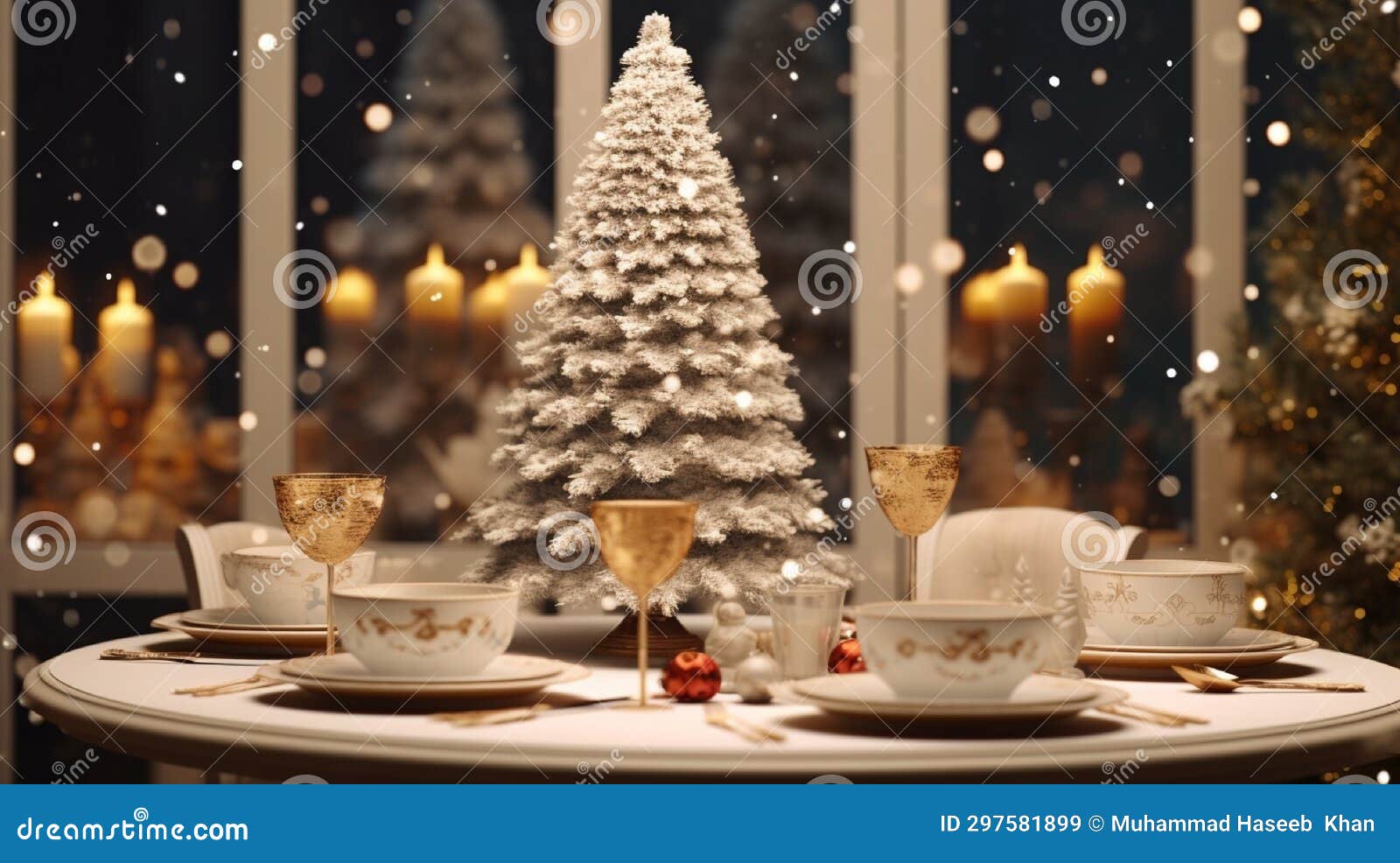Christmas Table Setting with Christmas Trees and Decorations Stock ...