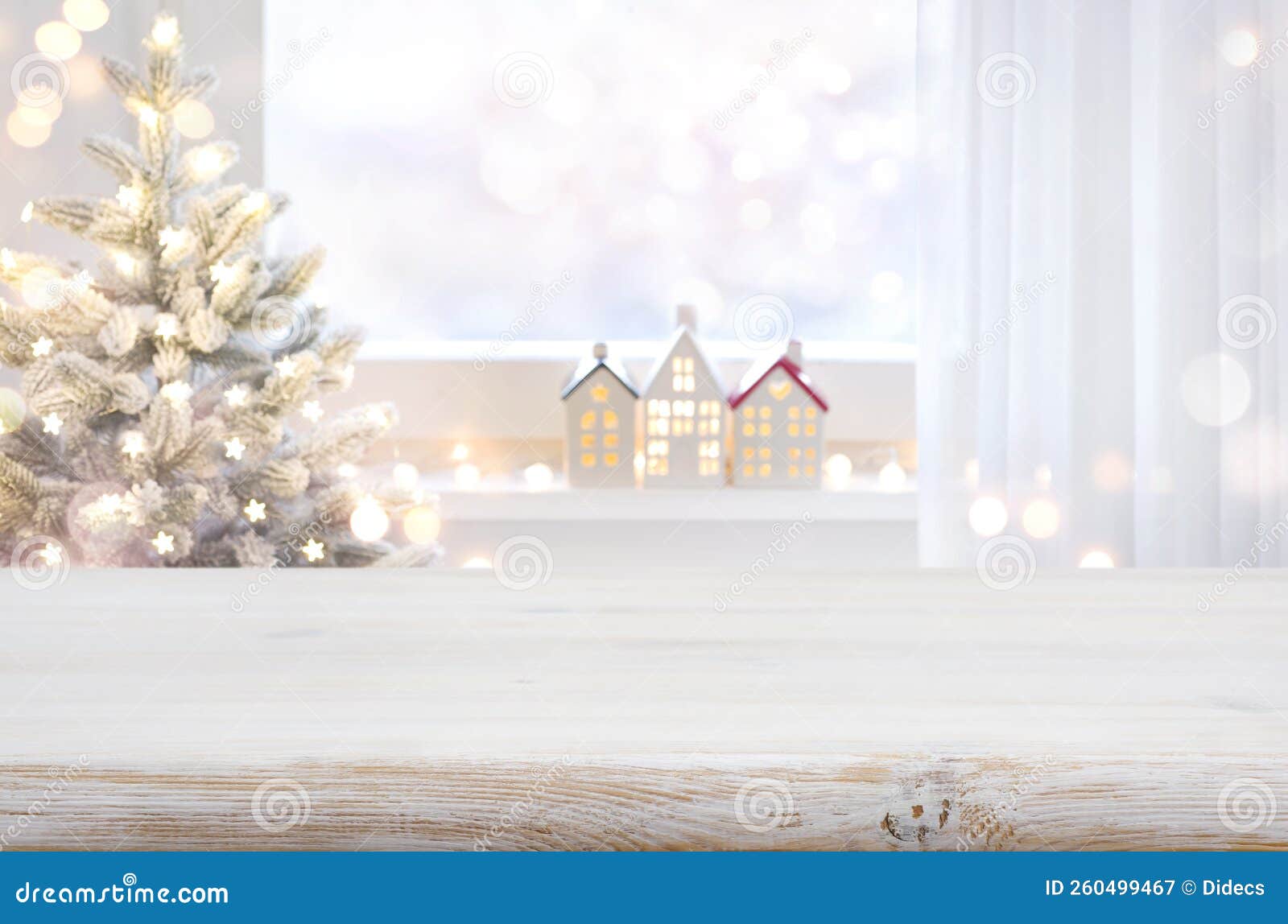 Christmas Table Top in Front of Blurred Decorated Window Background ...