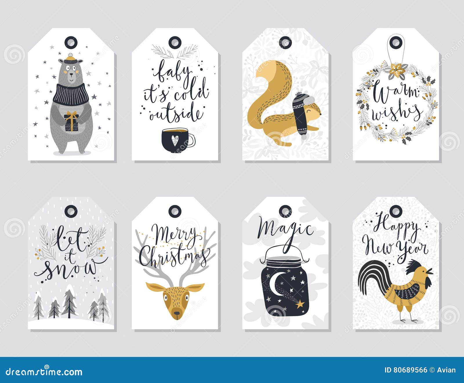 Christmas Tags Set, Hand Drawn Style. Stock Vector - Illustration of ...