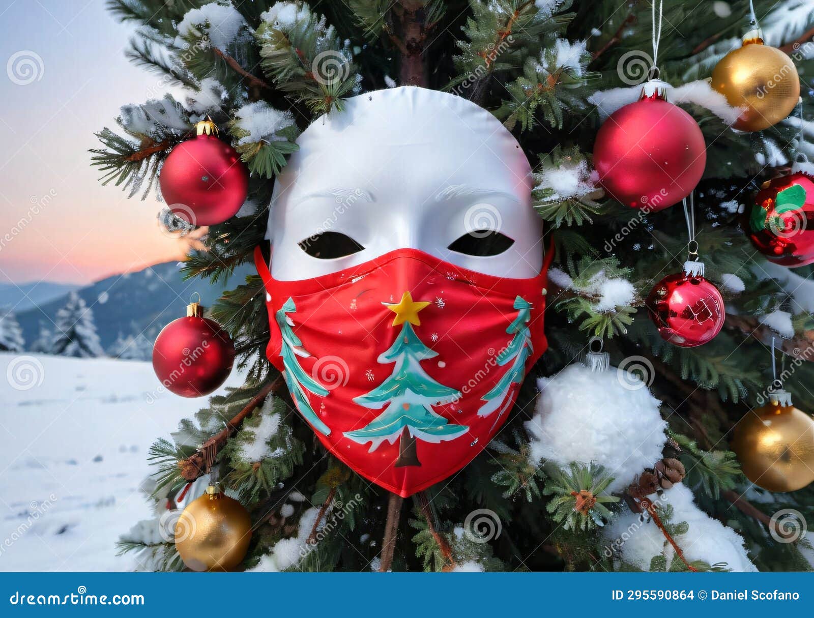 Christmas-Themed Face Masks Displayed on a Snowy Pine Tree, at Dusk ...