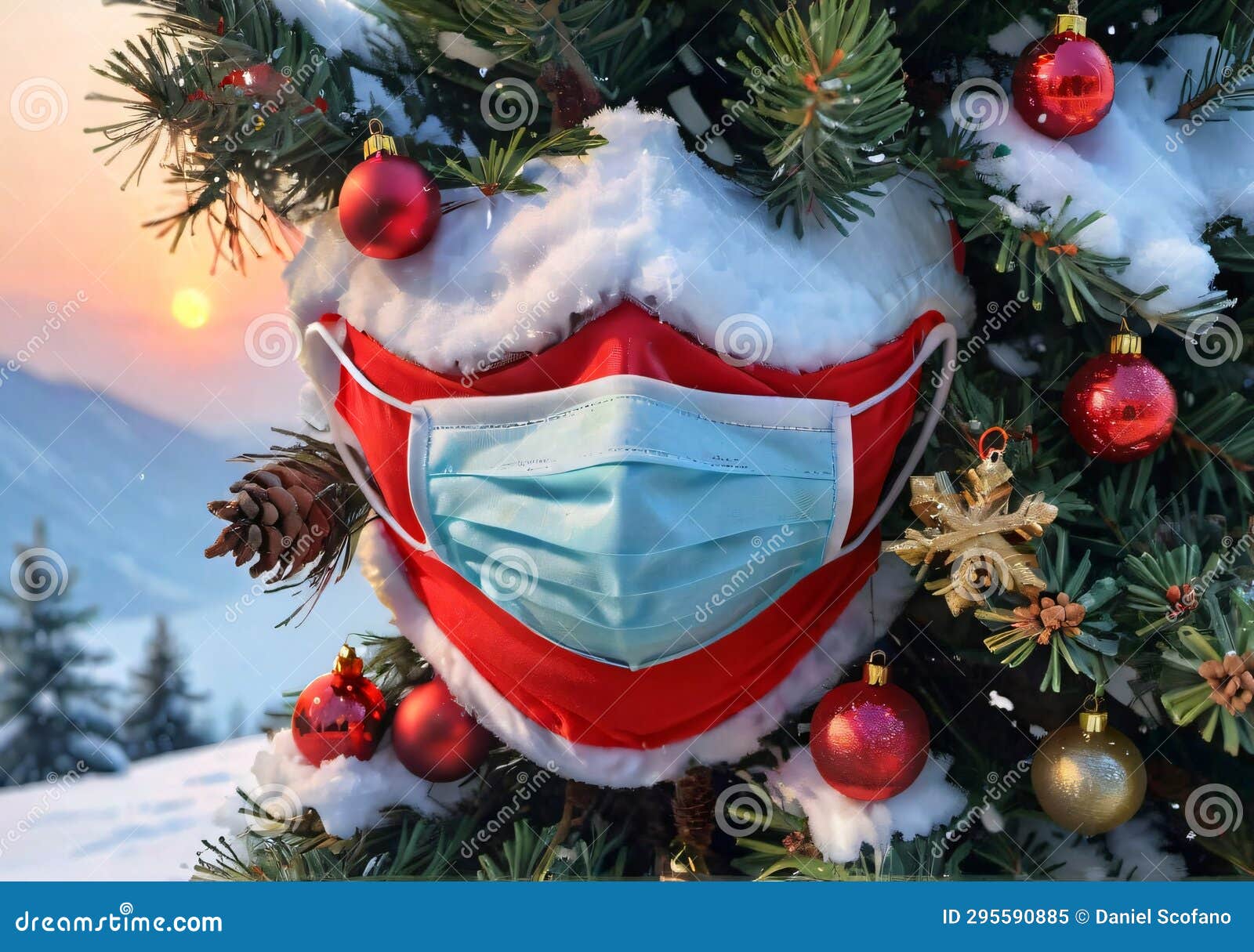 Christmas-Themed Face Masks Displayed on a Snowy Pine Tree, at Dusk ...