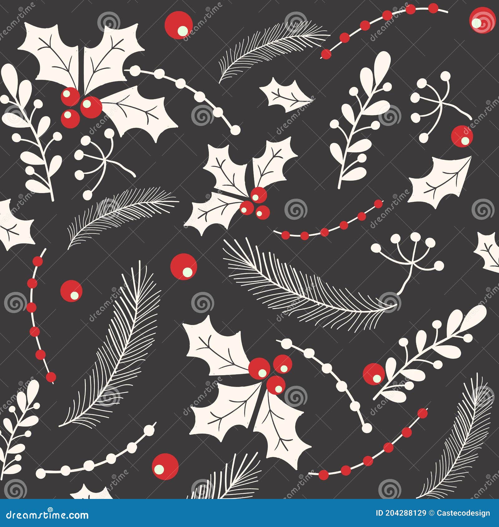 Christmas Themed Pattern with Holly Berries, Twigs and Feathers Stock ...