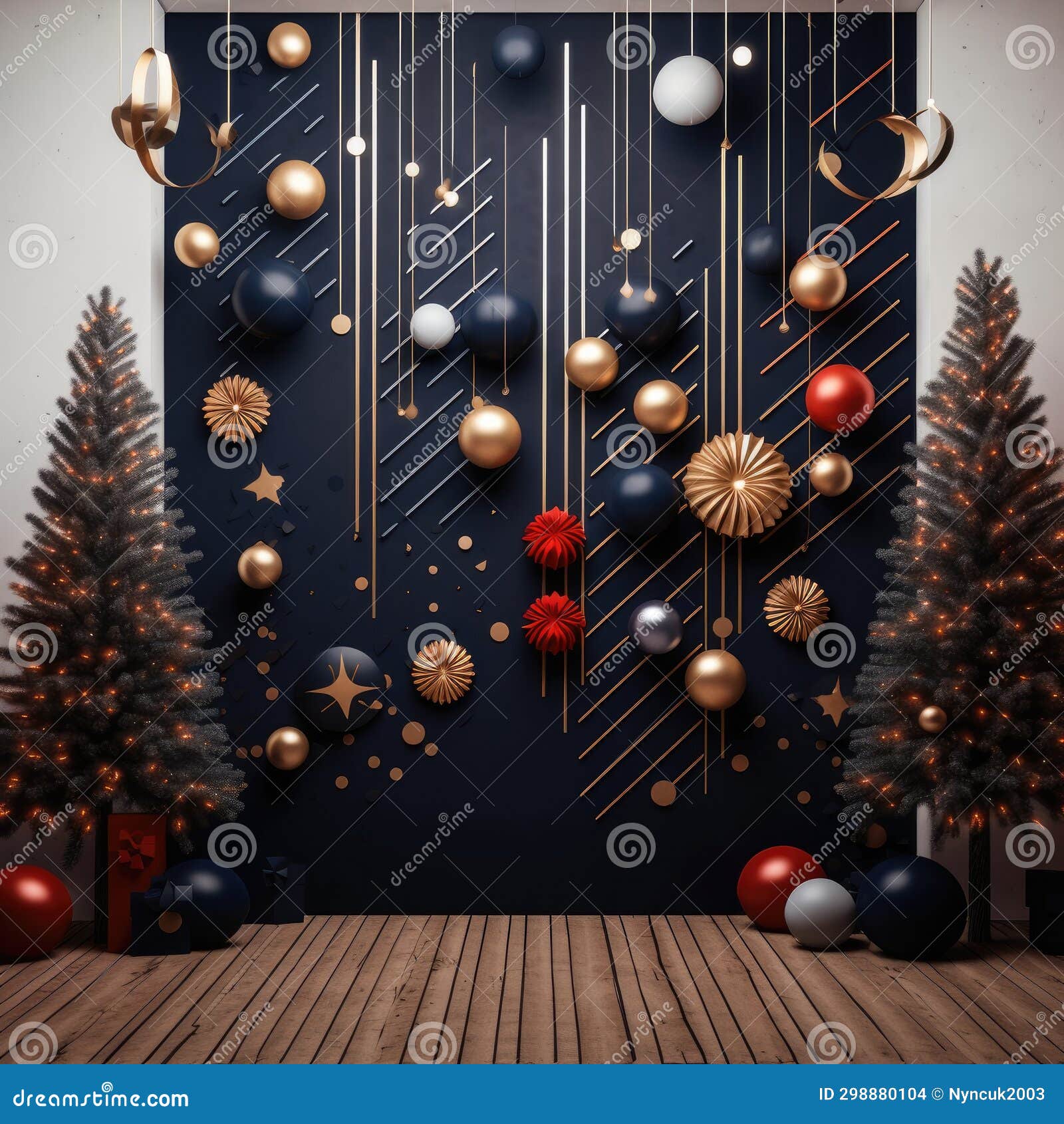 Christmas Themed Photo Zone Gold Decorations Shape Trees Style Linear ...