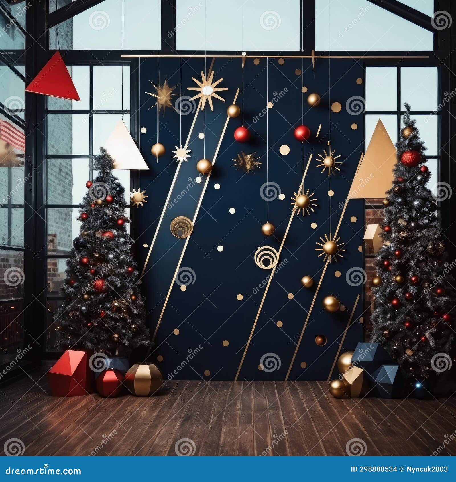 Christmas Themed Photo Zone Gold Decorations Shape Trees Style Linear ...