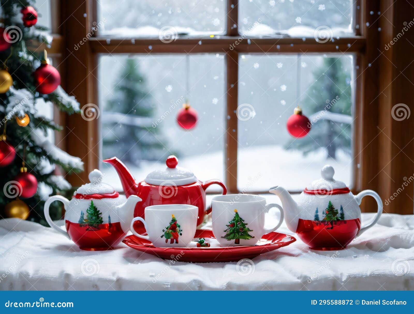 A Christmas Themed Tea Set, with a Snowy Window Background. Generative ...