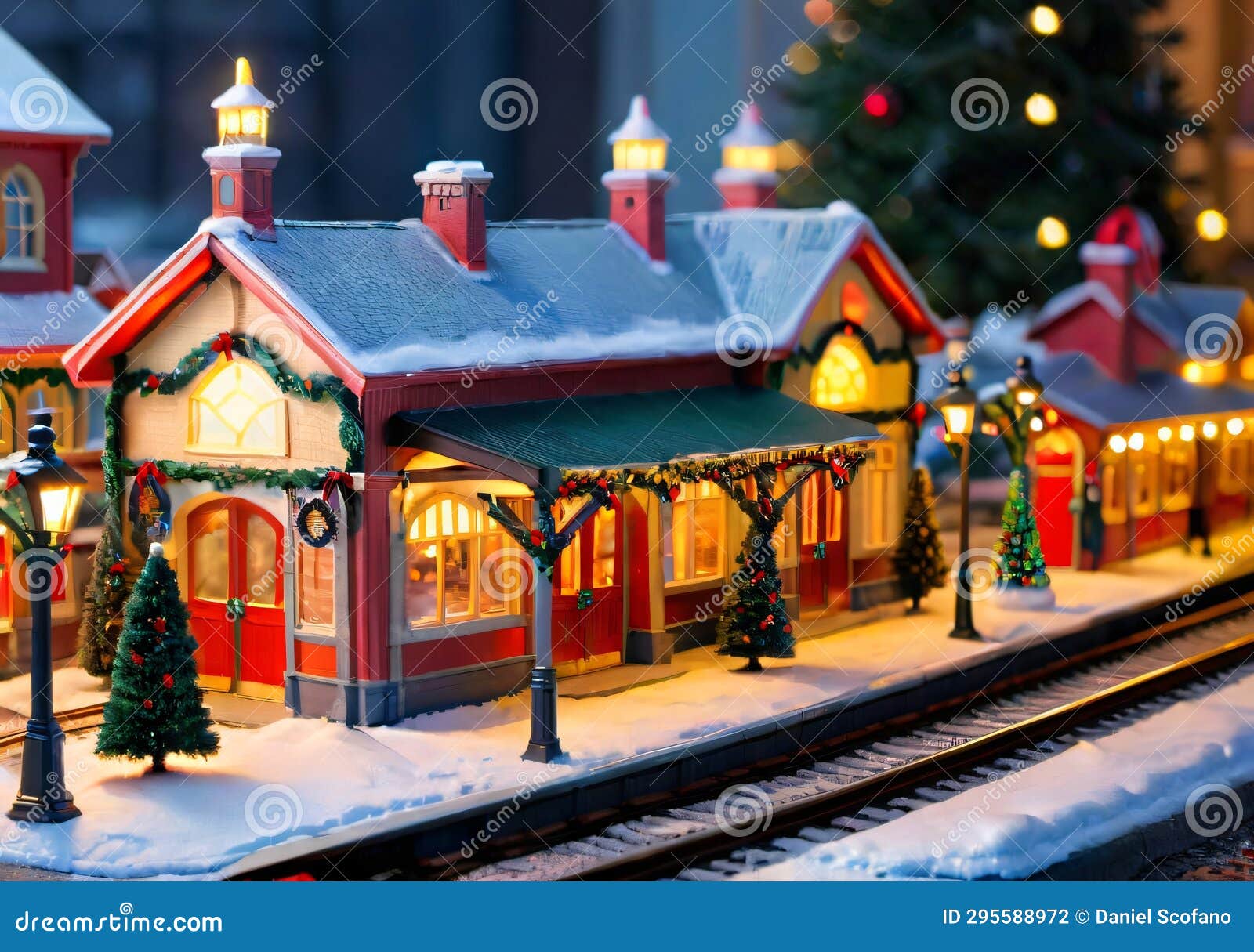 A Christmas-Themed Train Station Model, with Evening Lighting ...