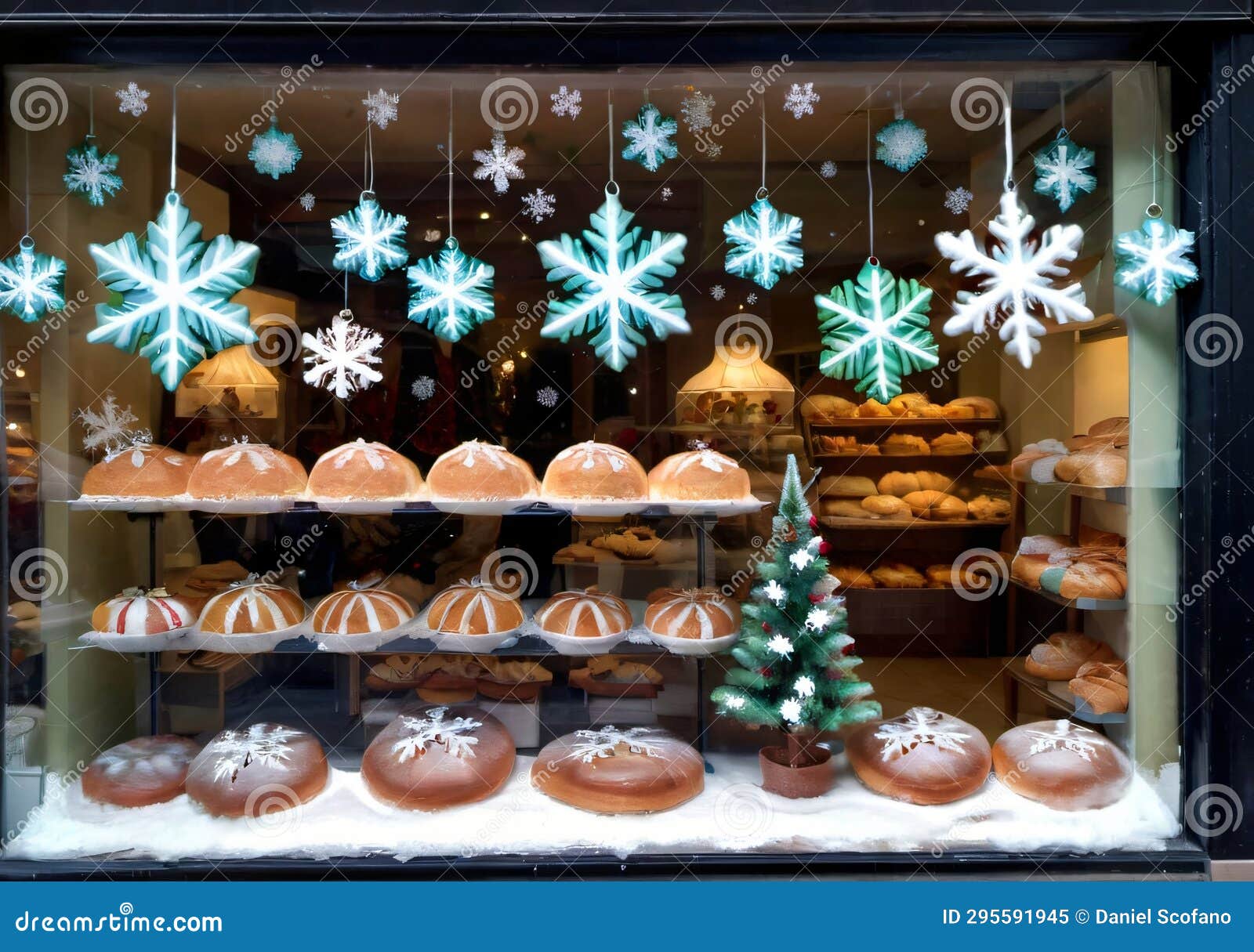 A Christmas-Themed Window Display in a Bakery, with Snowflakes ...