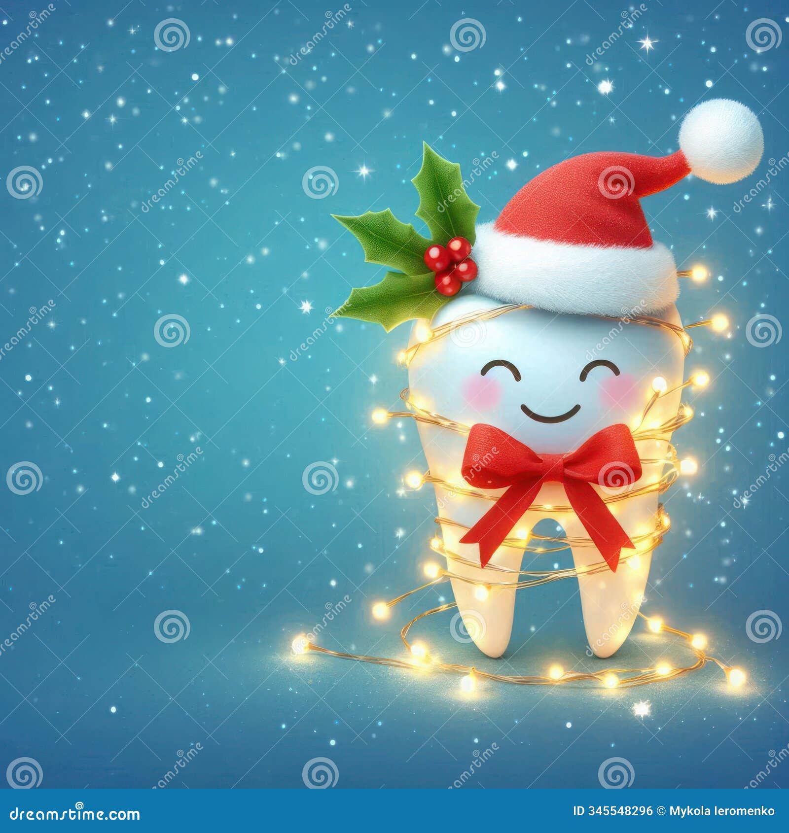 Christmas Tooth with Garland and Hat. Space for Text. Stock Photo ...