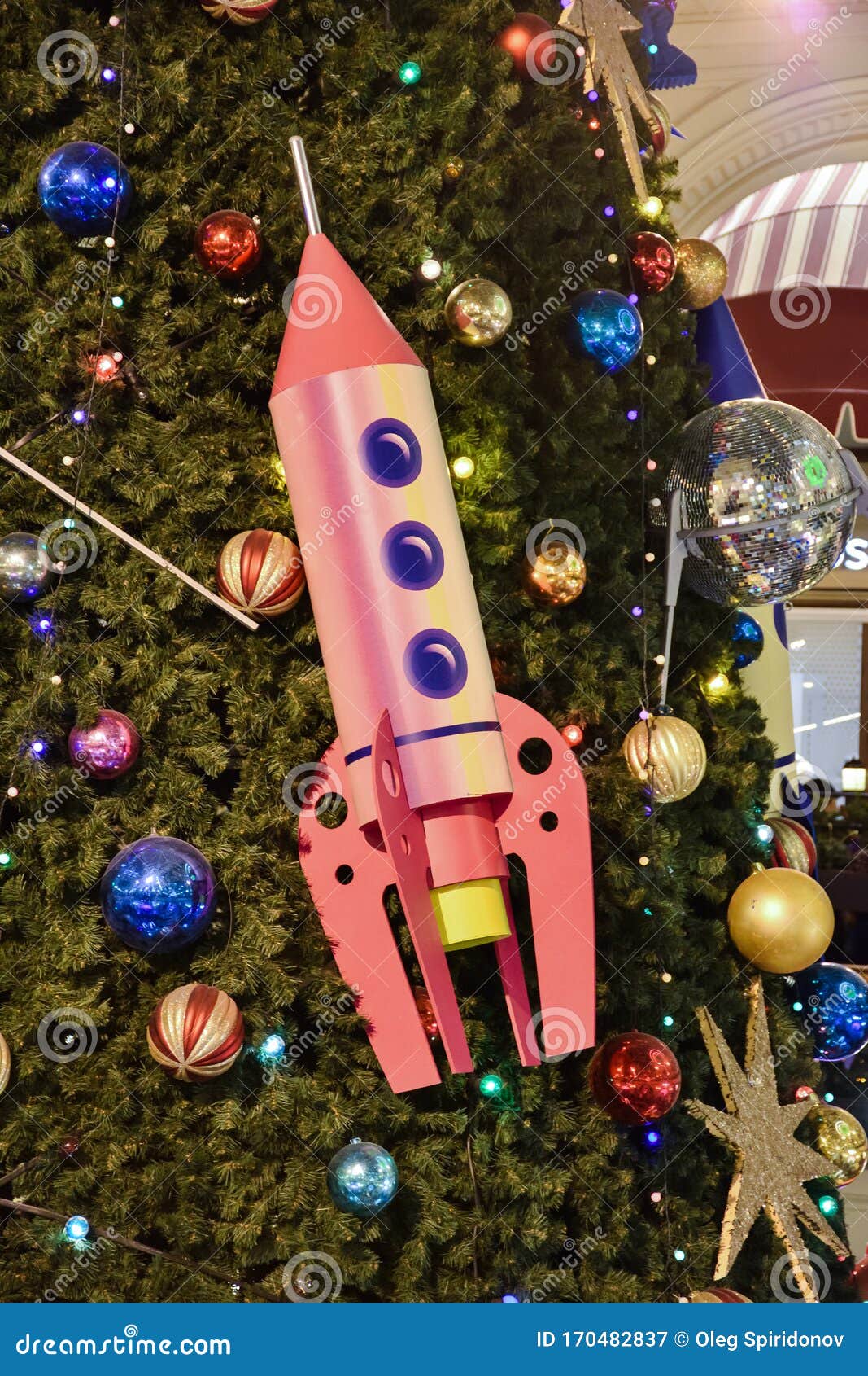 Christmas Toy in the Form of Rocket Hanging on Christmas Tree Stock ...