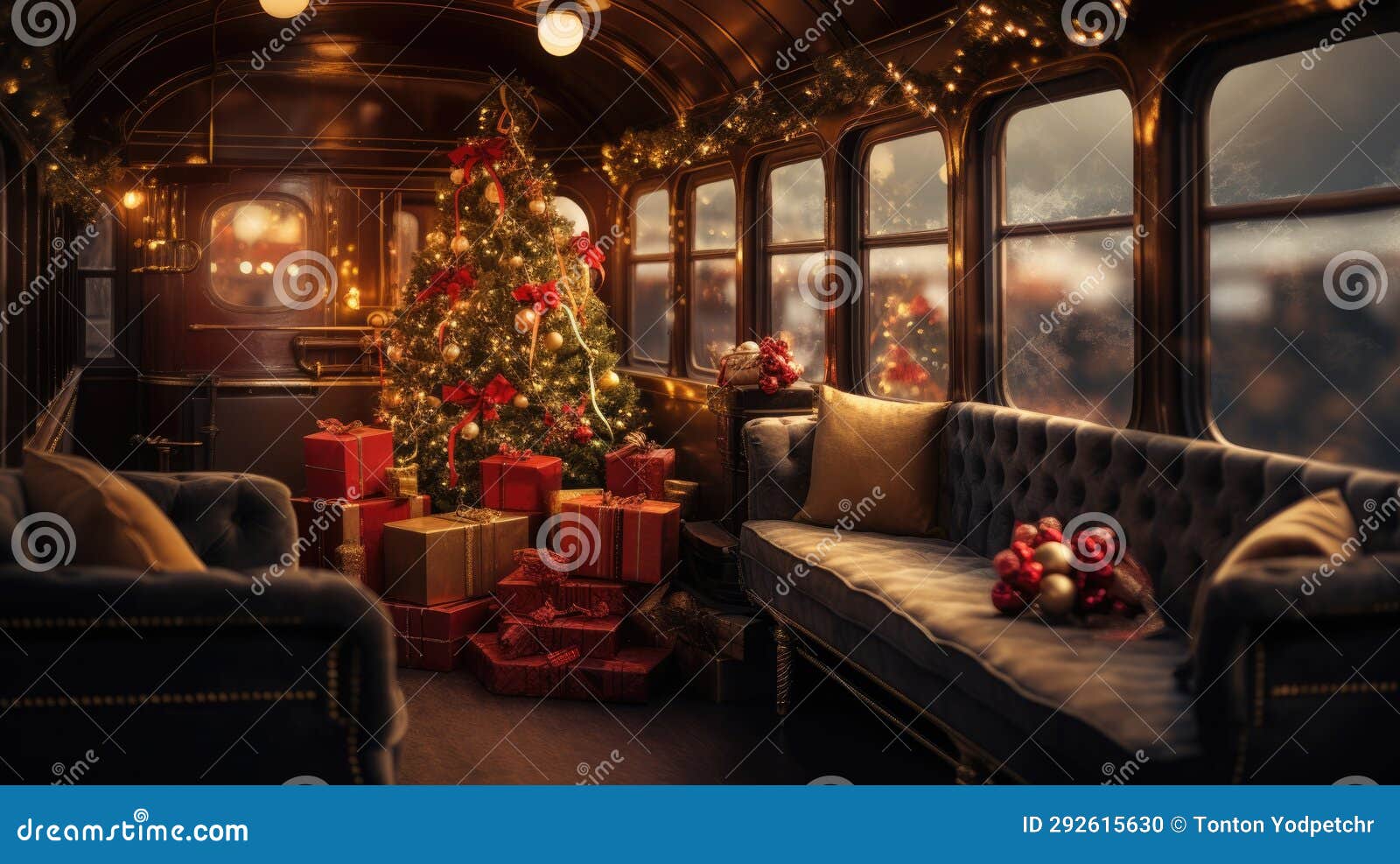 Christmas Train Interior with Festive Lights, Stock Illustration ...