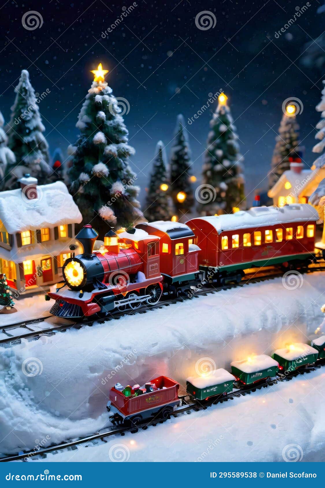 A Christmas Train Set Running in a Snowy Landscape, at Night ...