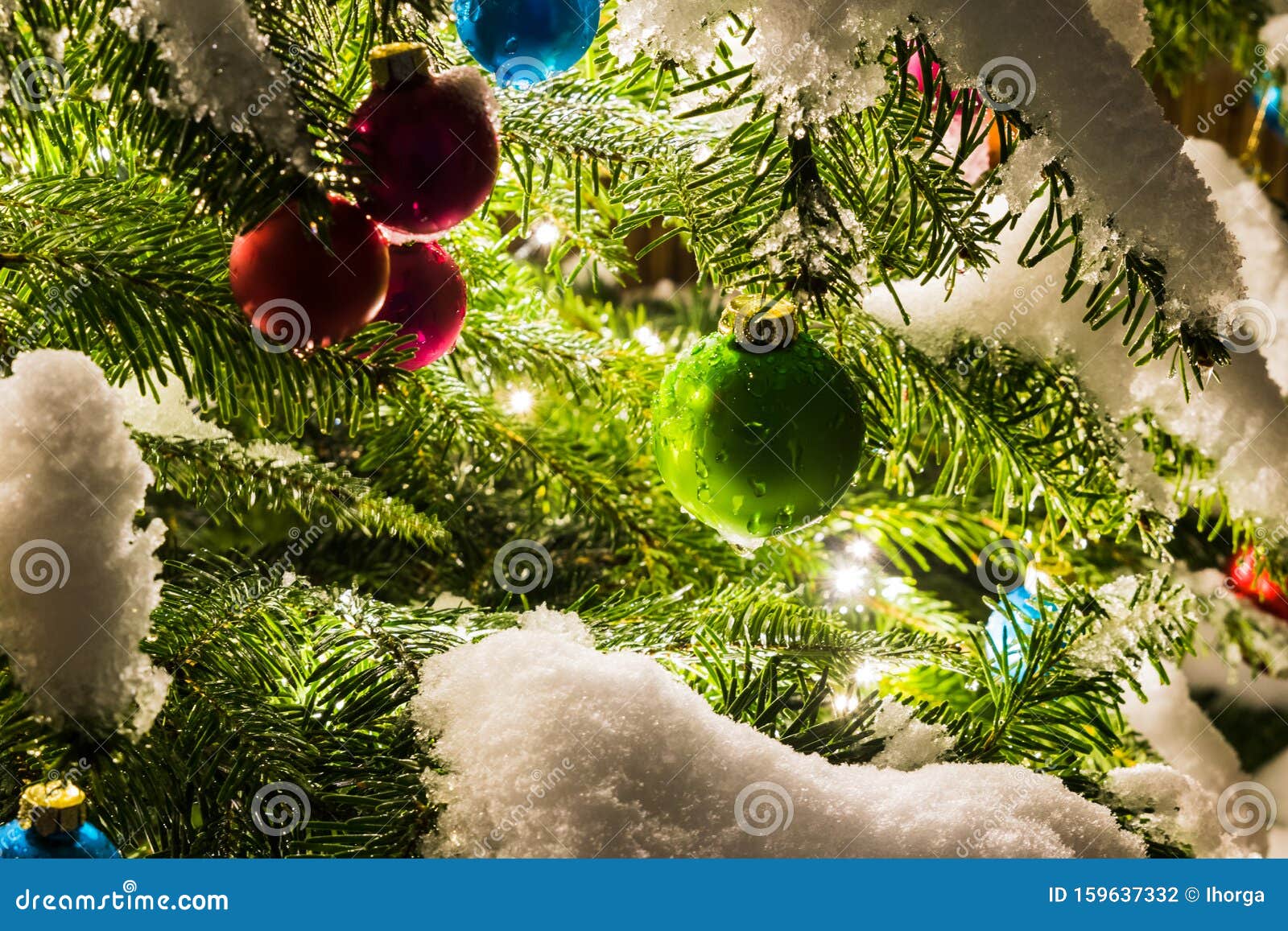 Christmas Tree Balls with Snow Stock Photo - Image of border, season ...