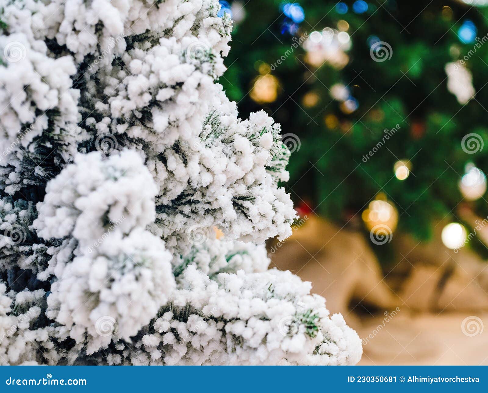 Christmas Tree Branch with Artificial Snow Stock Image - Image of shine ...