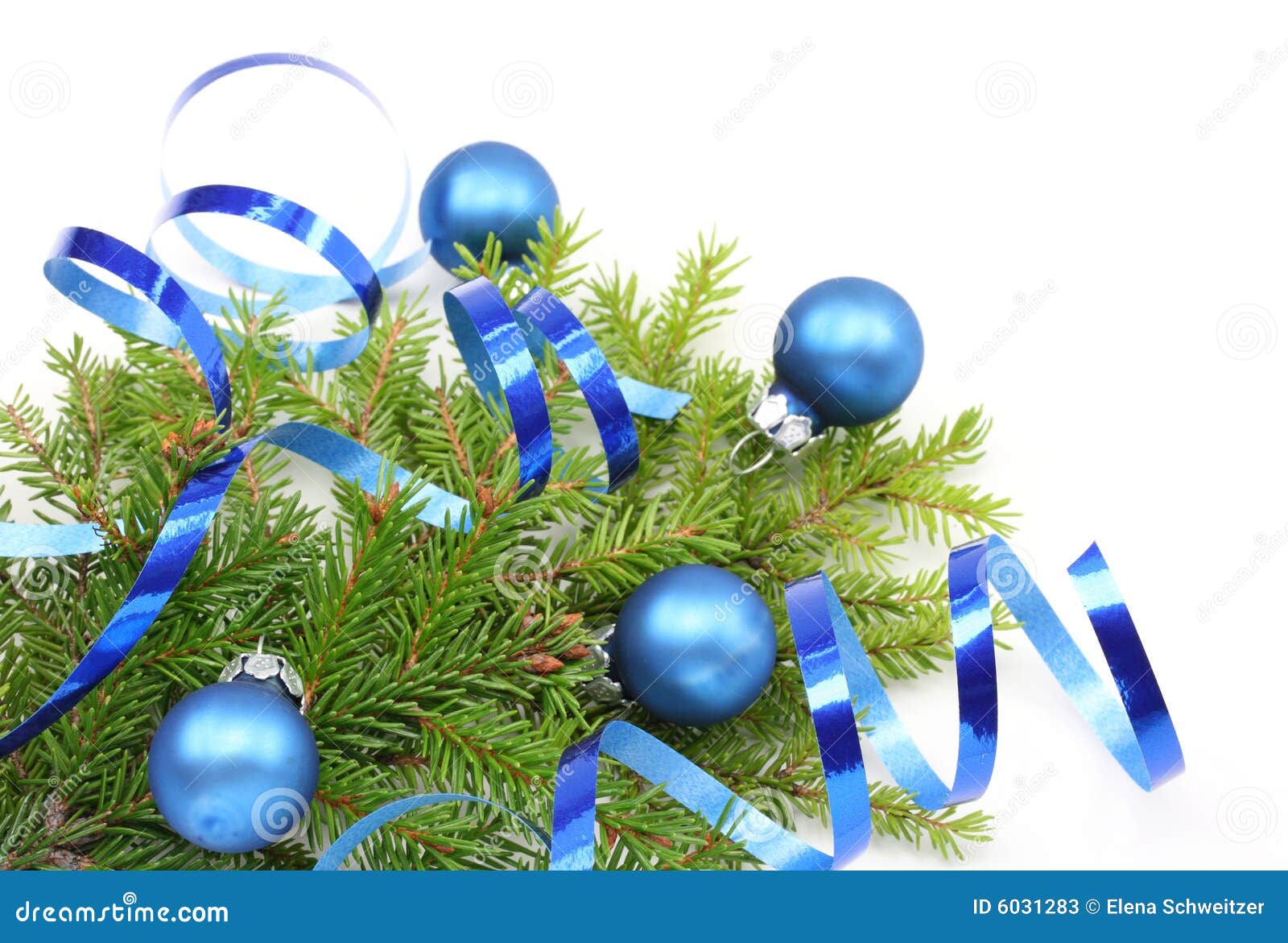 Christmas Tree Branch and Blue Ribbon Stock Image - Image of ornament ...