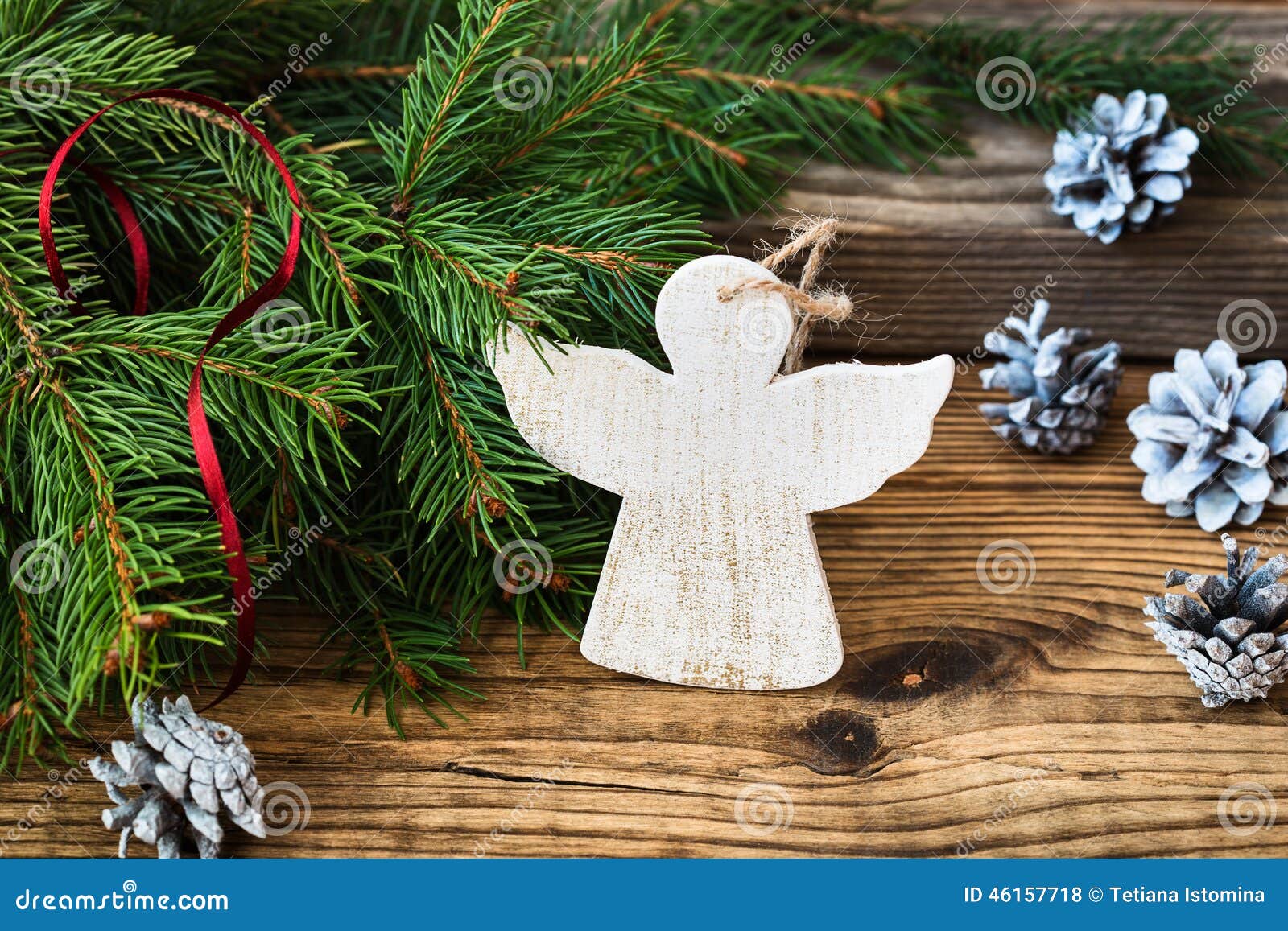 Christmas Tree Branches with Angel on a Wooden Board Stock Photo ...