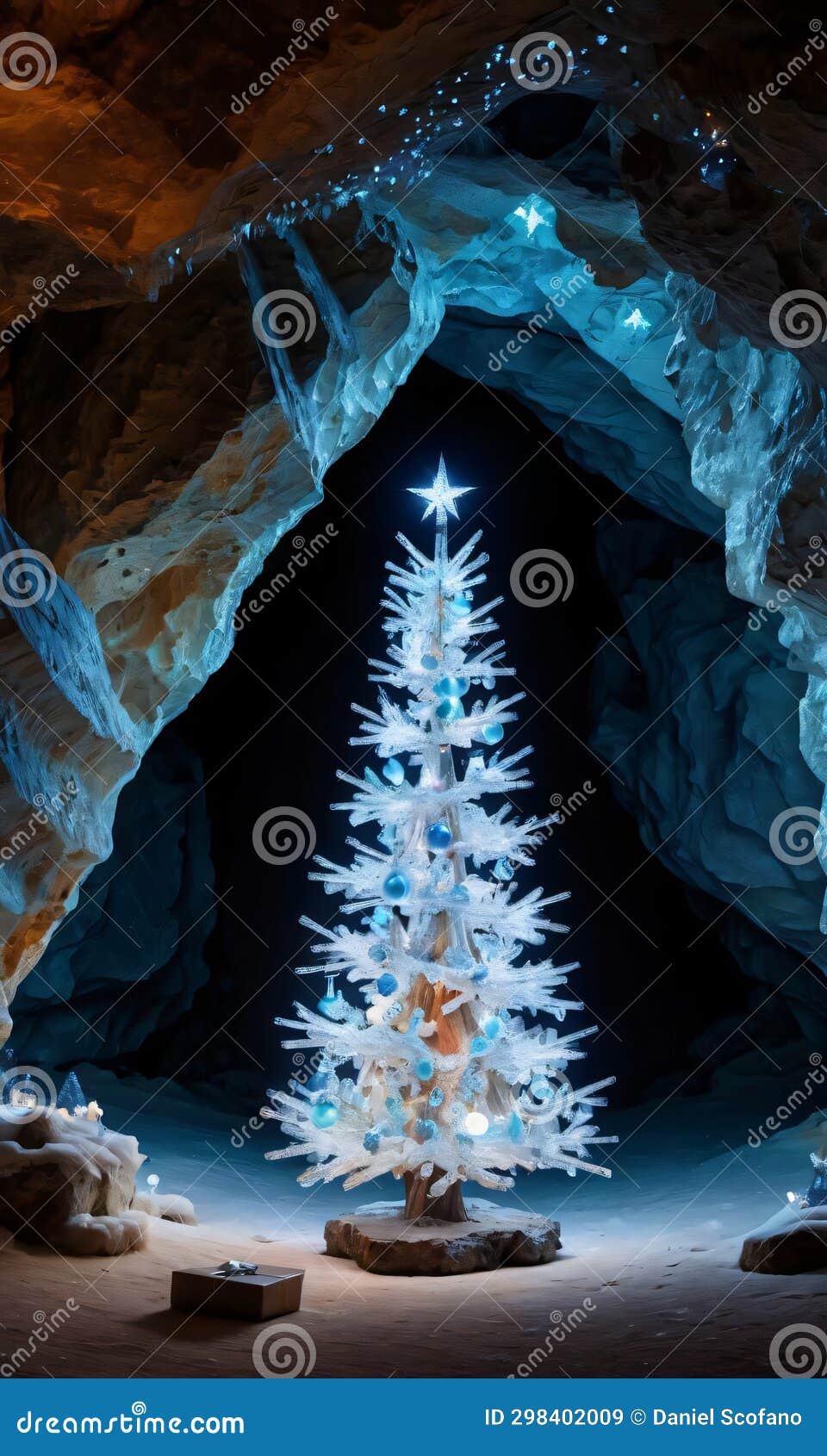 A Christmas Tree in a Cave, Illuminated by the Glow of Crystals ...