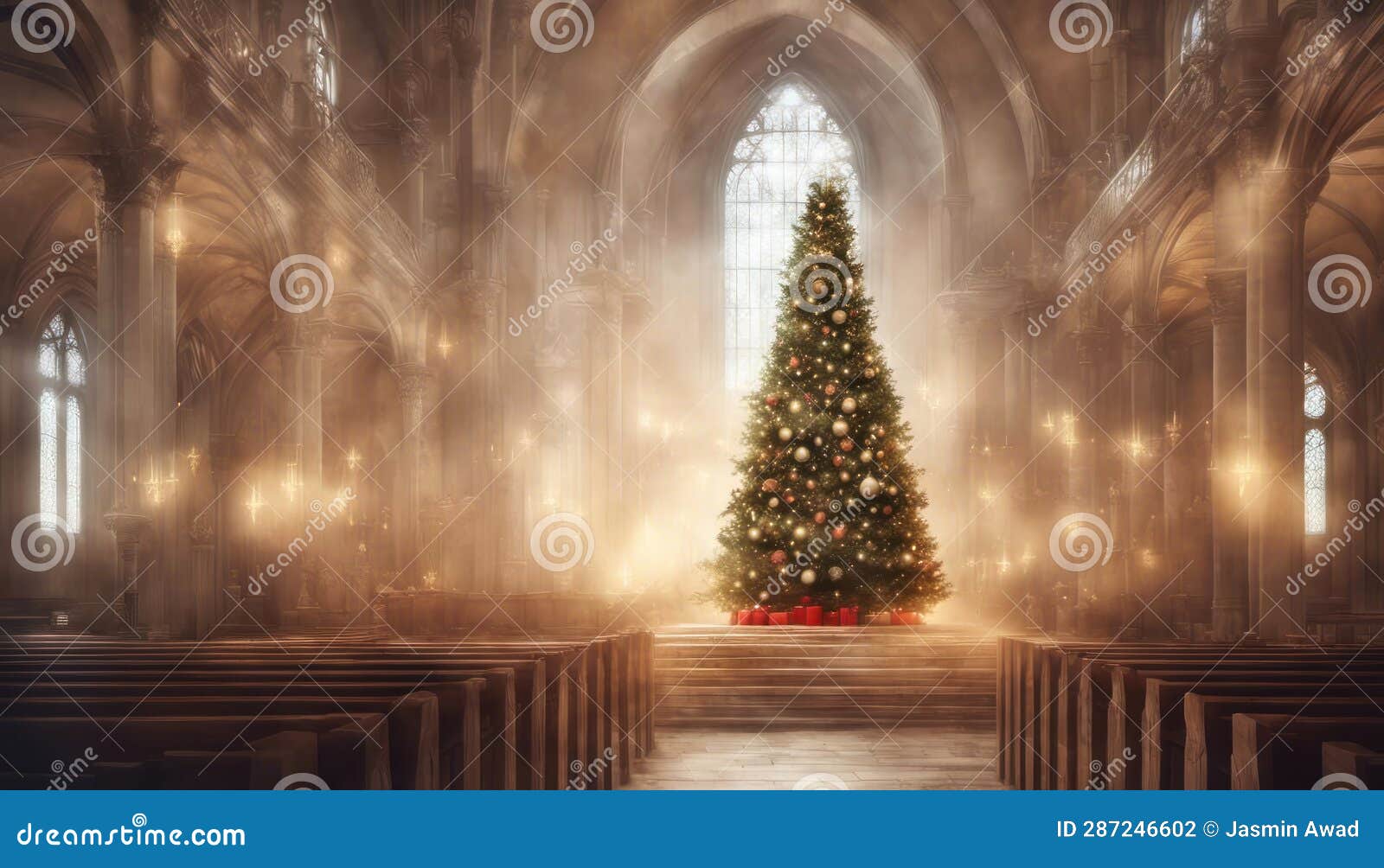 Christmas Tree in Church with Copy Space Stock Illustration ...