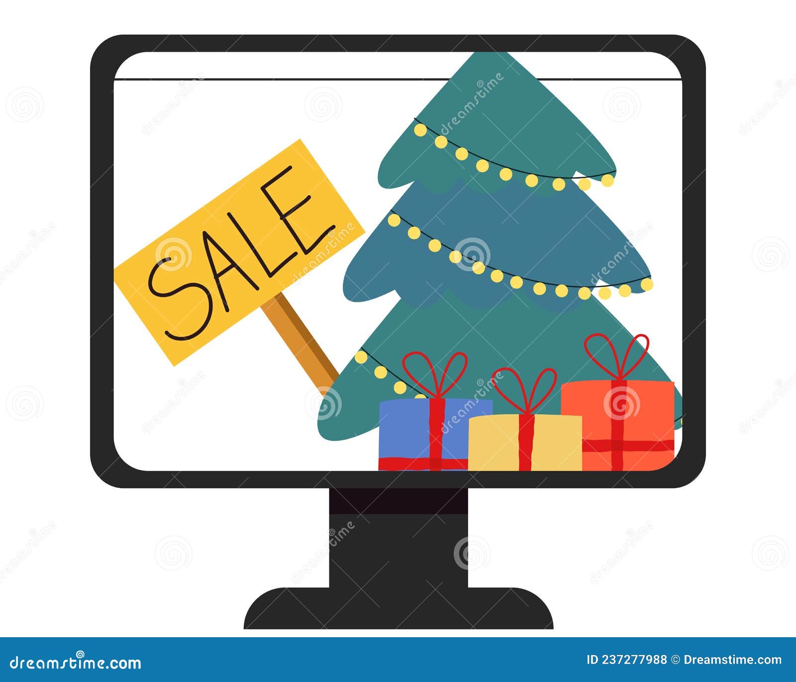 Christmas Tree on the Computer Screen. the Sale Sign on the Computer ...