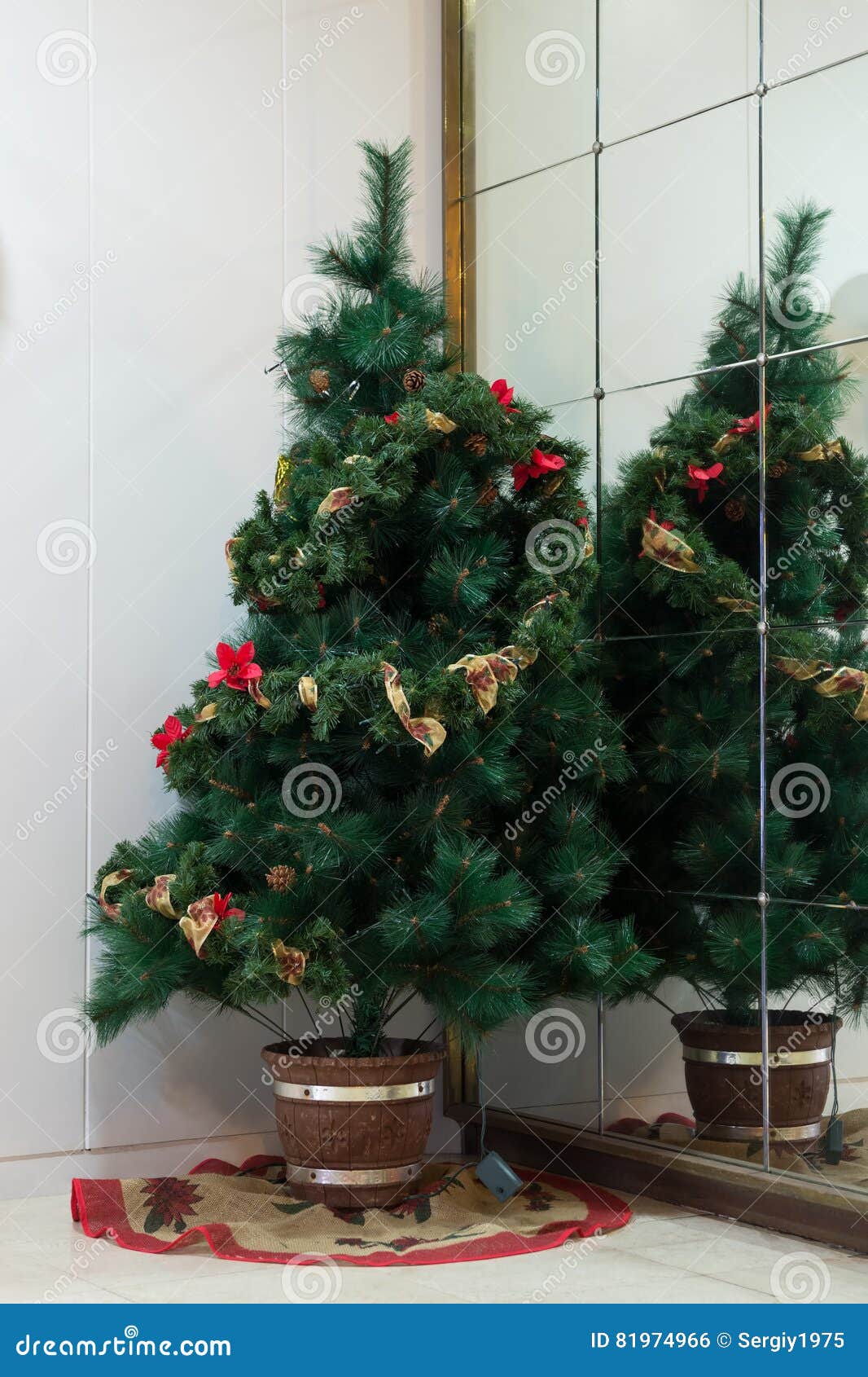 Christmas Tree in the Corner Near the Mirror Stock Photo - Image of ...