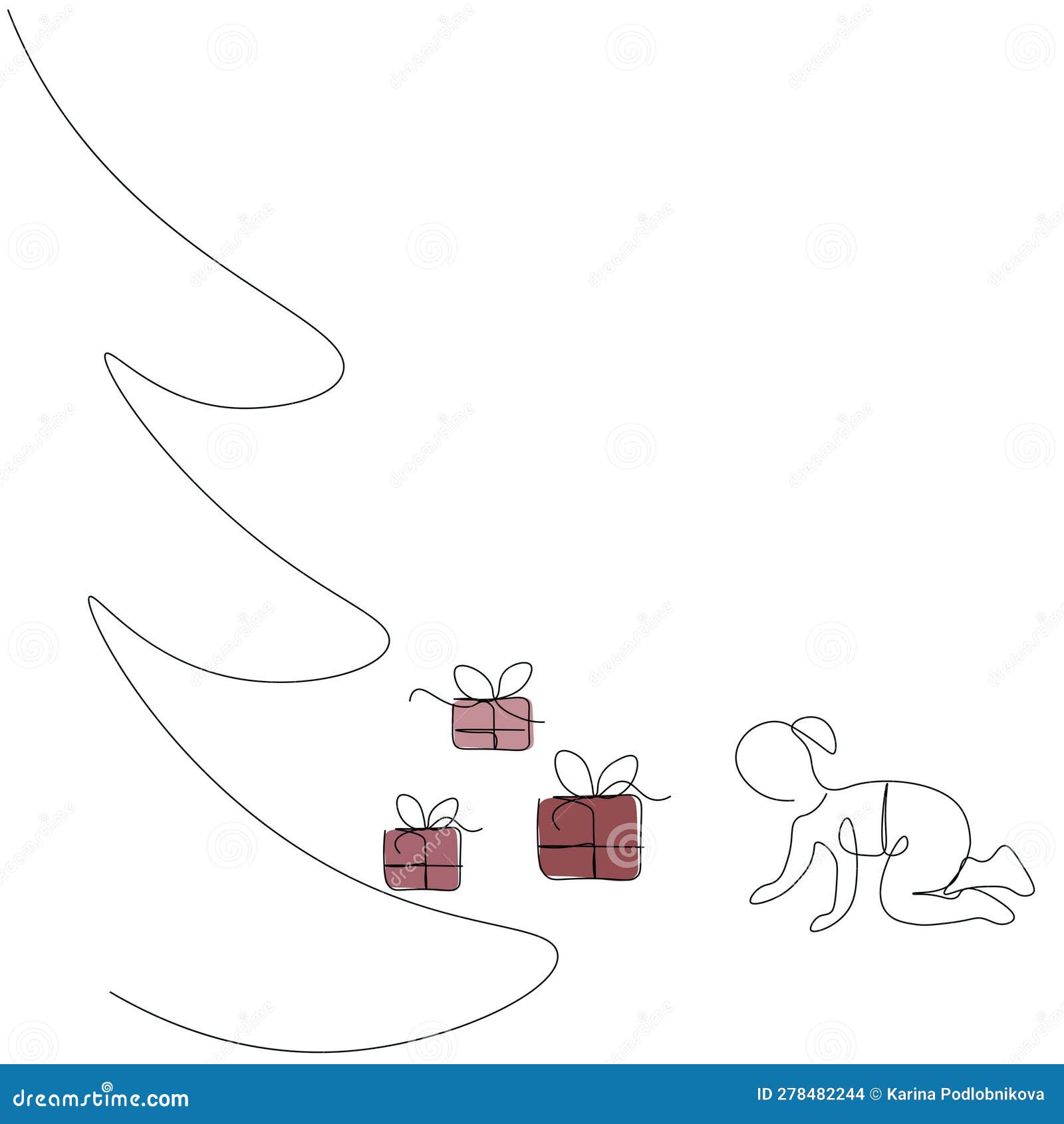 Christmas Tree with Cute Child with Present Box Line Drawing Vector ...