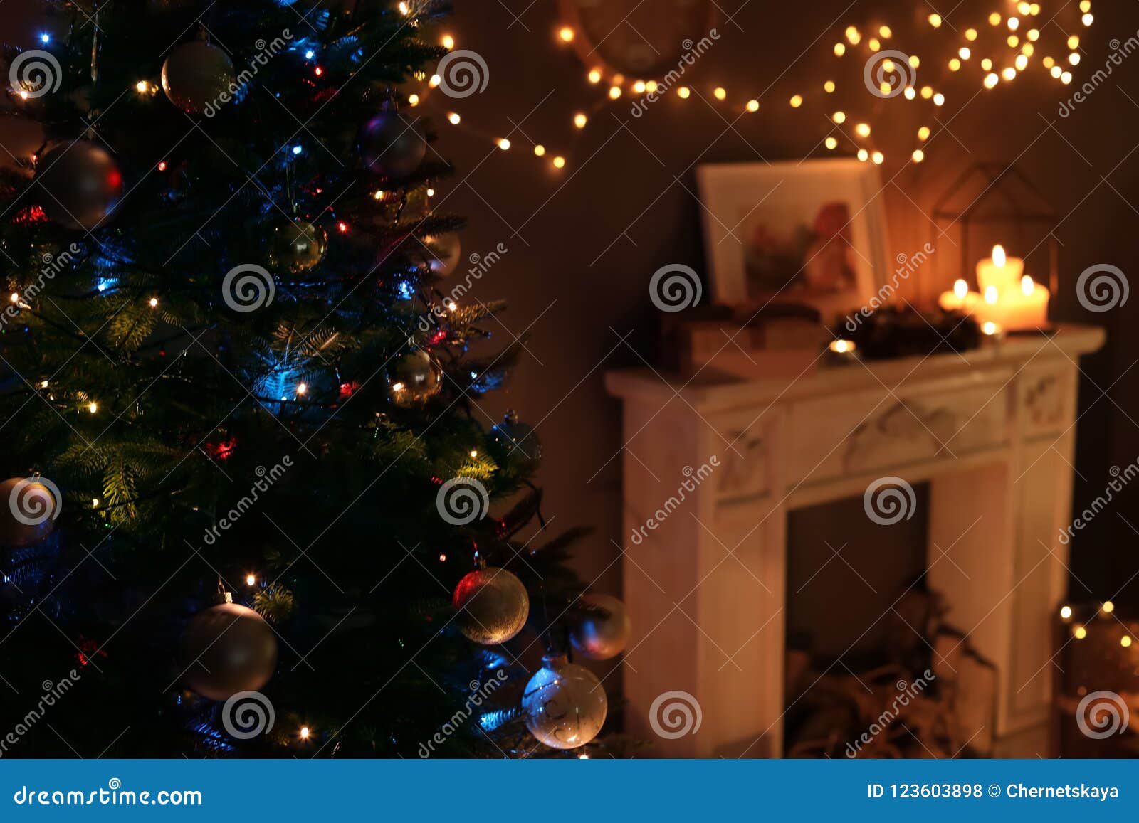 Christmas Tree with Decor in Stylish Living Room Interior Stock Photo ...