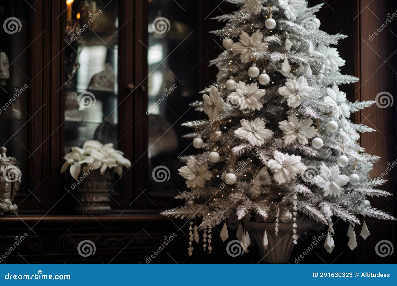 A Christmas Tree Decorated with White Angels and Silver Bells Stock ...
