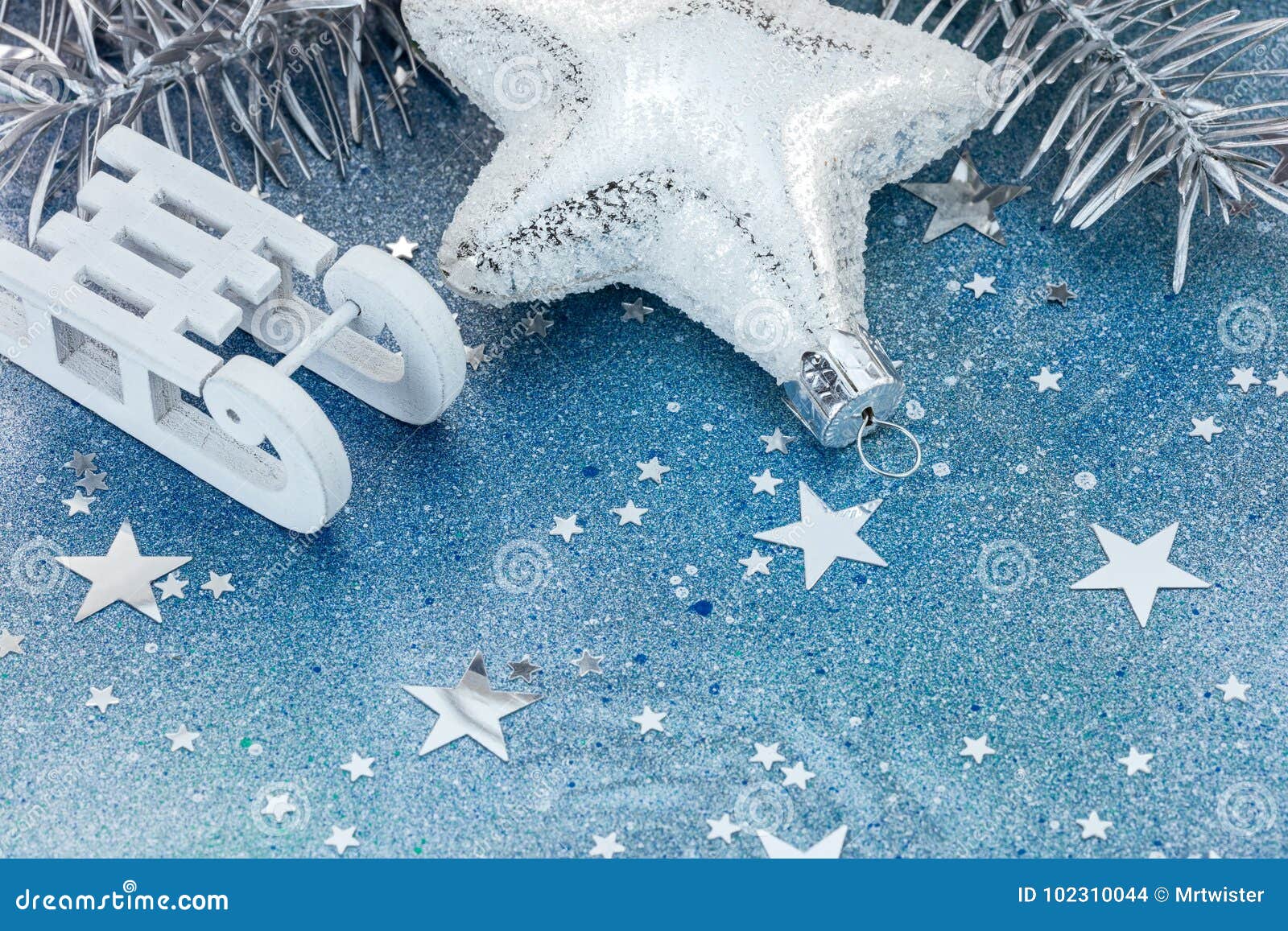 Christmas Tree Decorations, Ball and Wooden Sledge on Blue Backg Stock ...