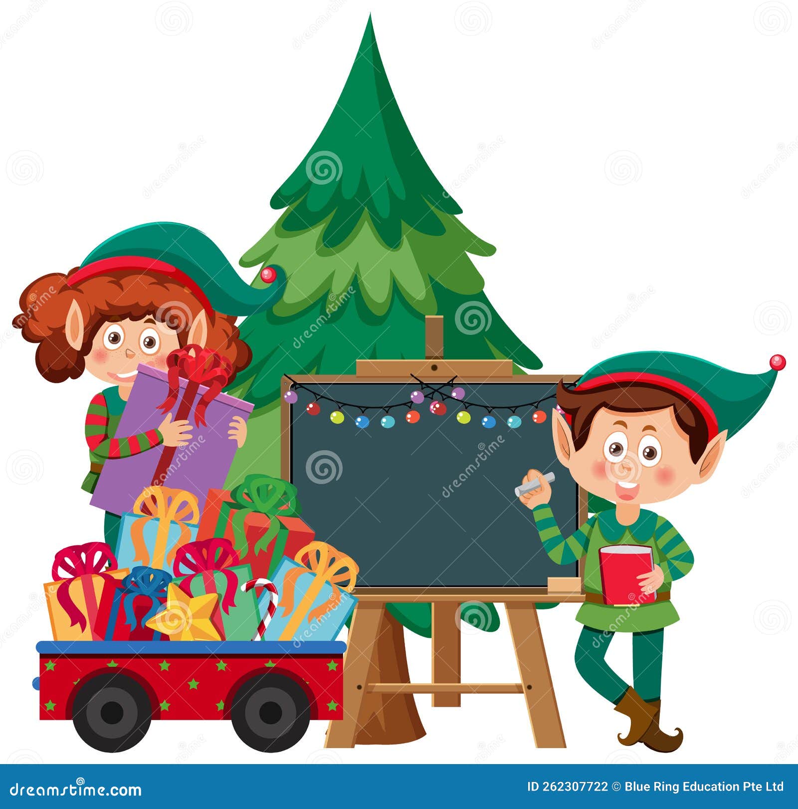 Christmas Tree with Elves Cartoon Character Stock Vector - Illustration ...