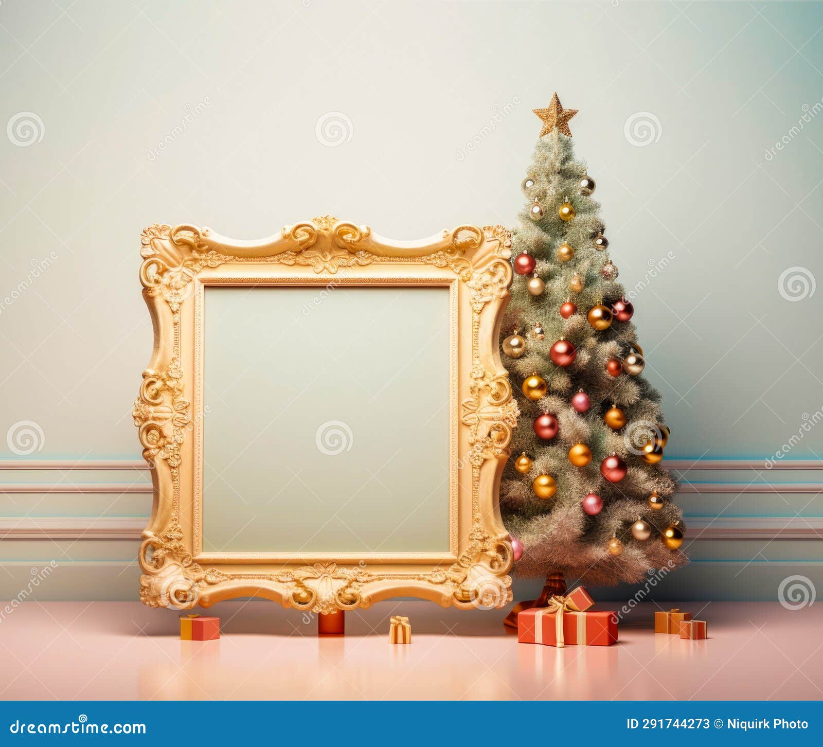 Christmas Tree with Empty Painting Frame with Presents and Decoration ...