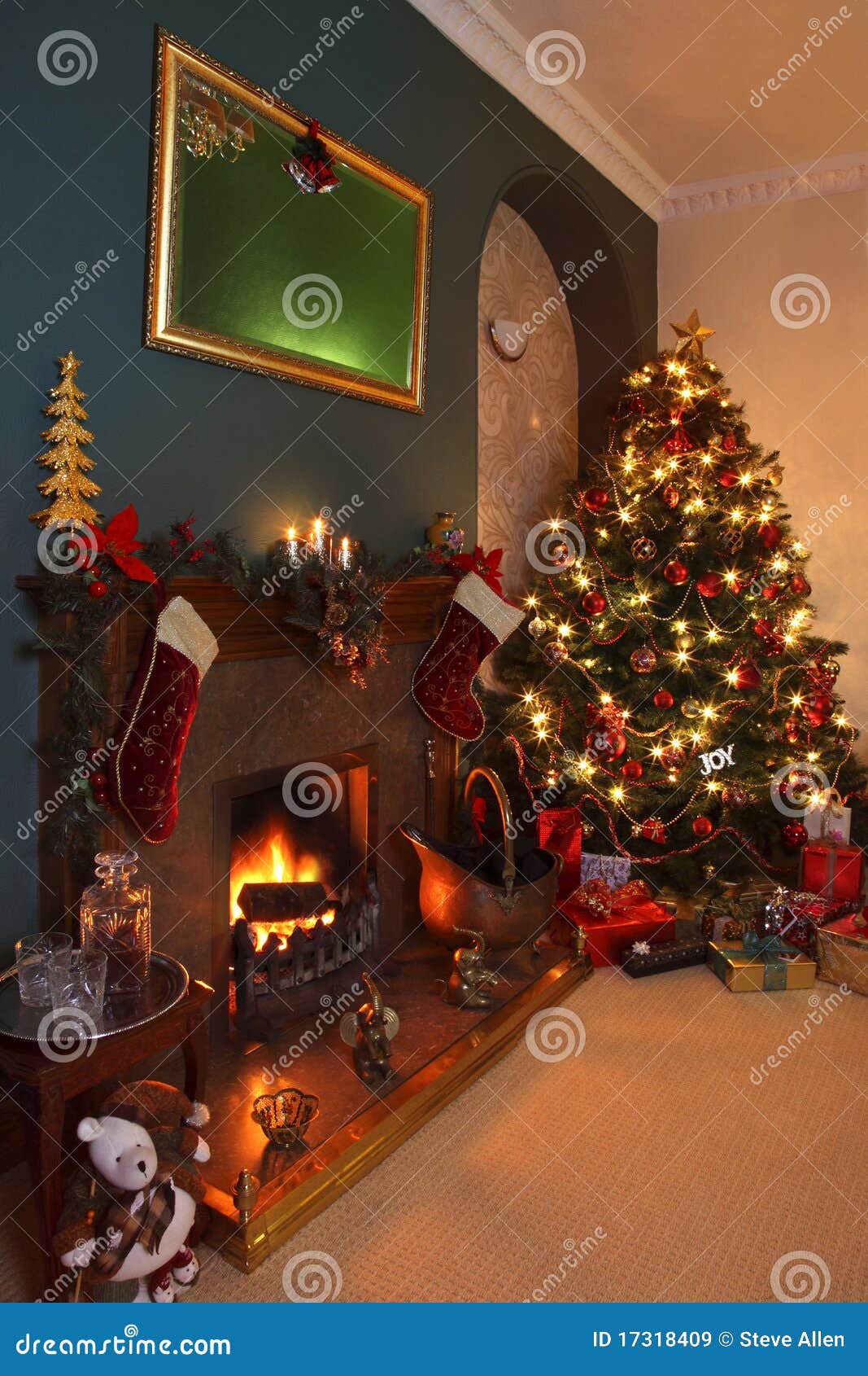 Christmas Tree and Festive Fireplace Stock Image - Image of gifts ...