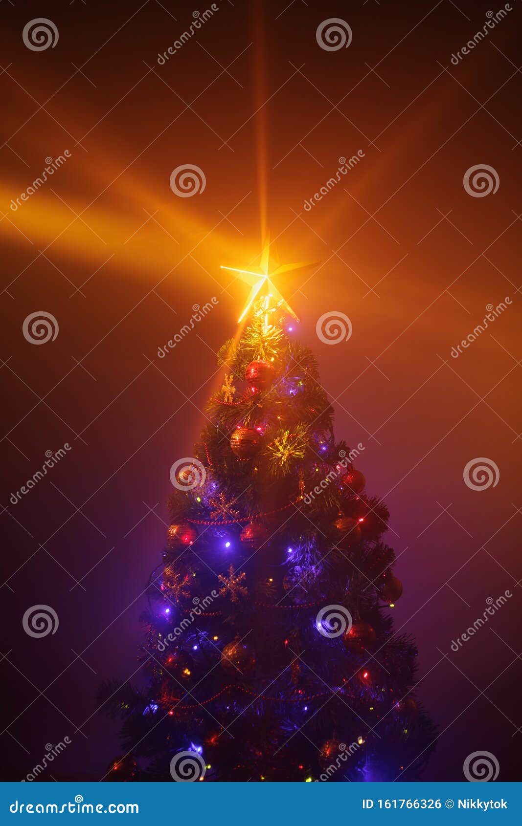 Christmas Tree with Festive Lights, Orange Background with Smoke Stock ...