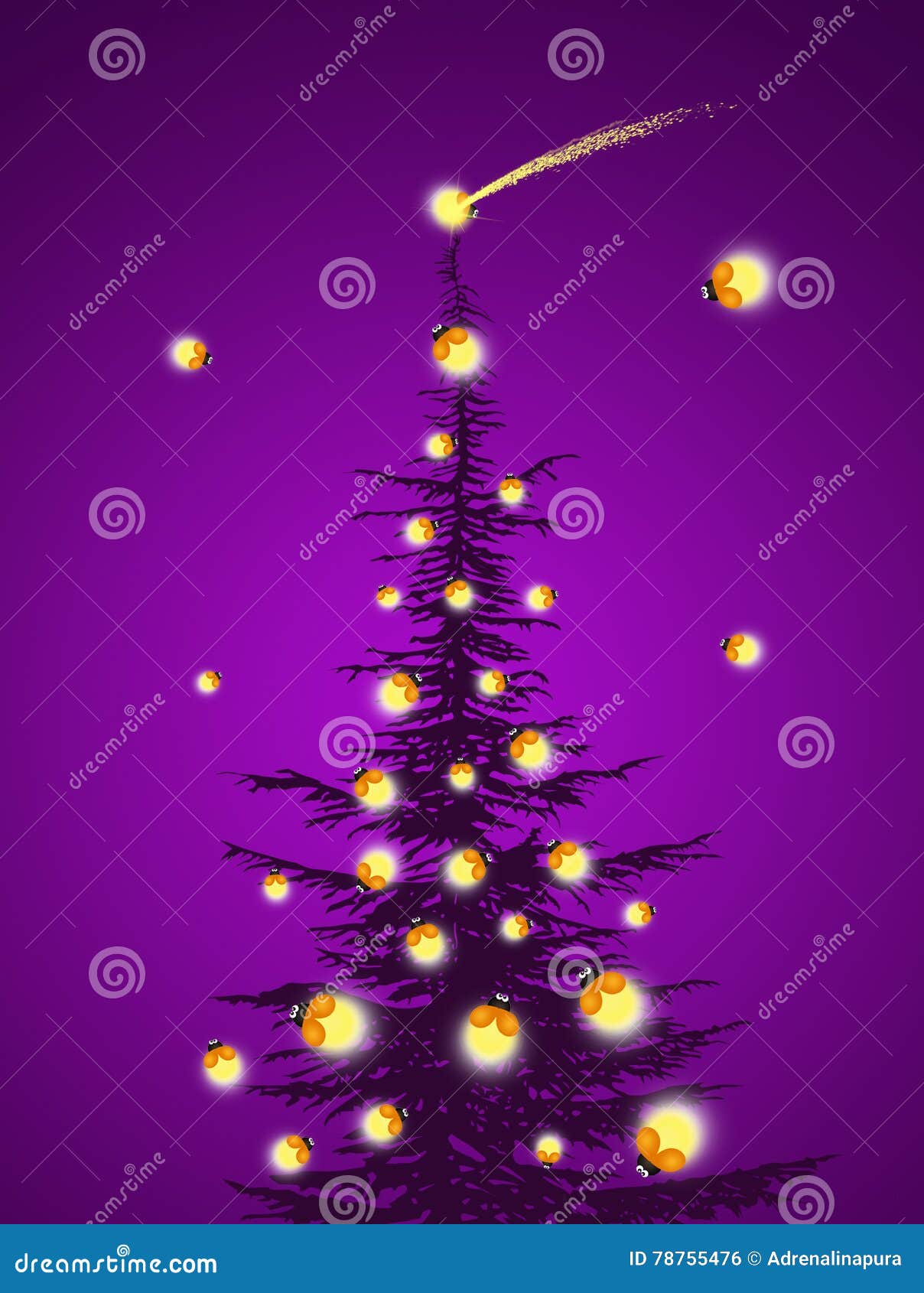 Christmas Tree with Fireflies Stock Illustration - Illustration of ...