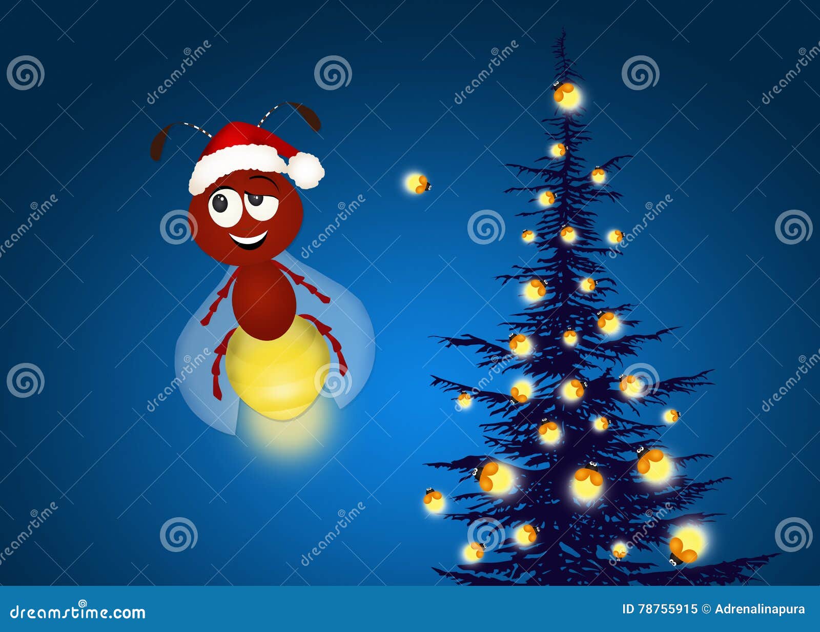 Christmas Tree with Fireflies Stock Illustration - Illustration of ...