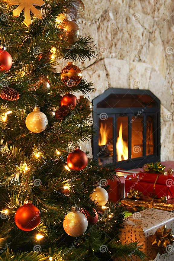 Christmas Tree and Fireplace Stock Image - Image of warm, christmas ...