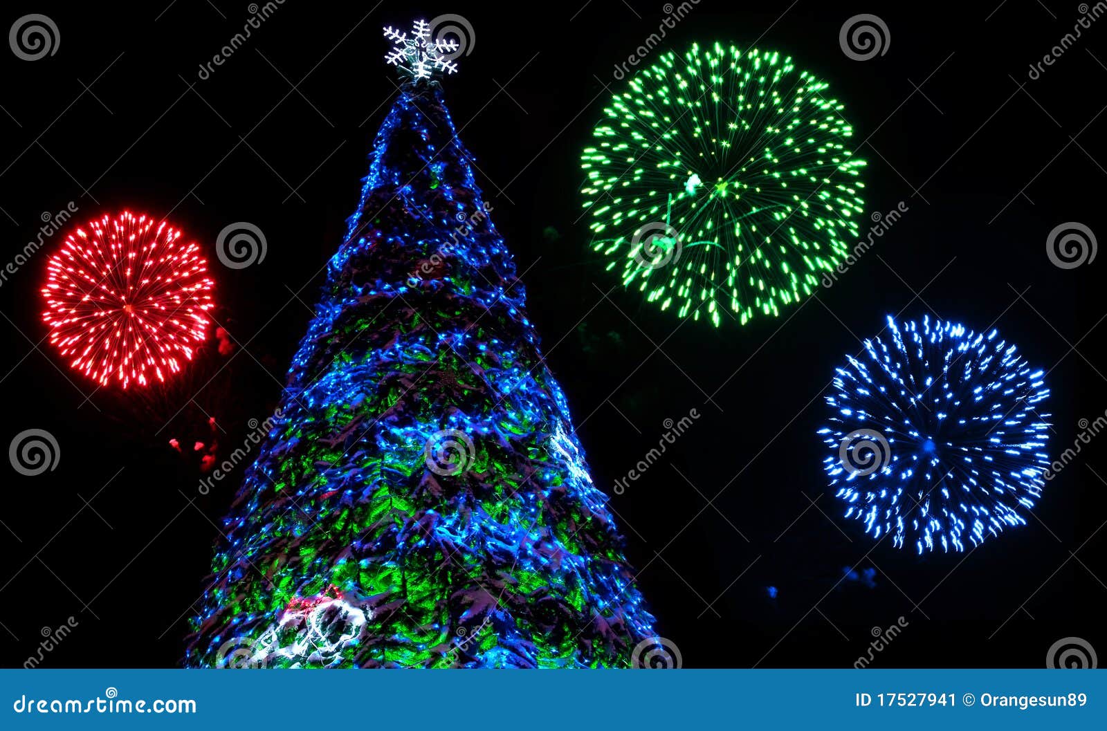 Christmas Tree and Fireworks Stock Image - Image of show, decorate ...